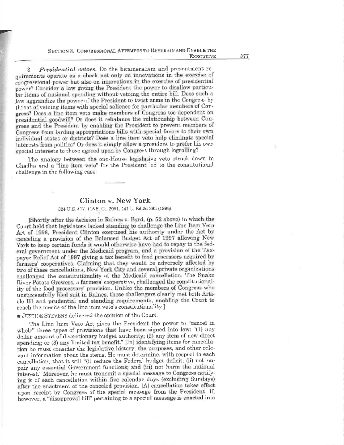 Congressional Power and the Line Item Veto: Clinton v. New York ...
