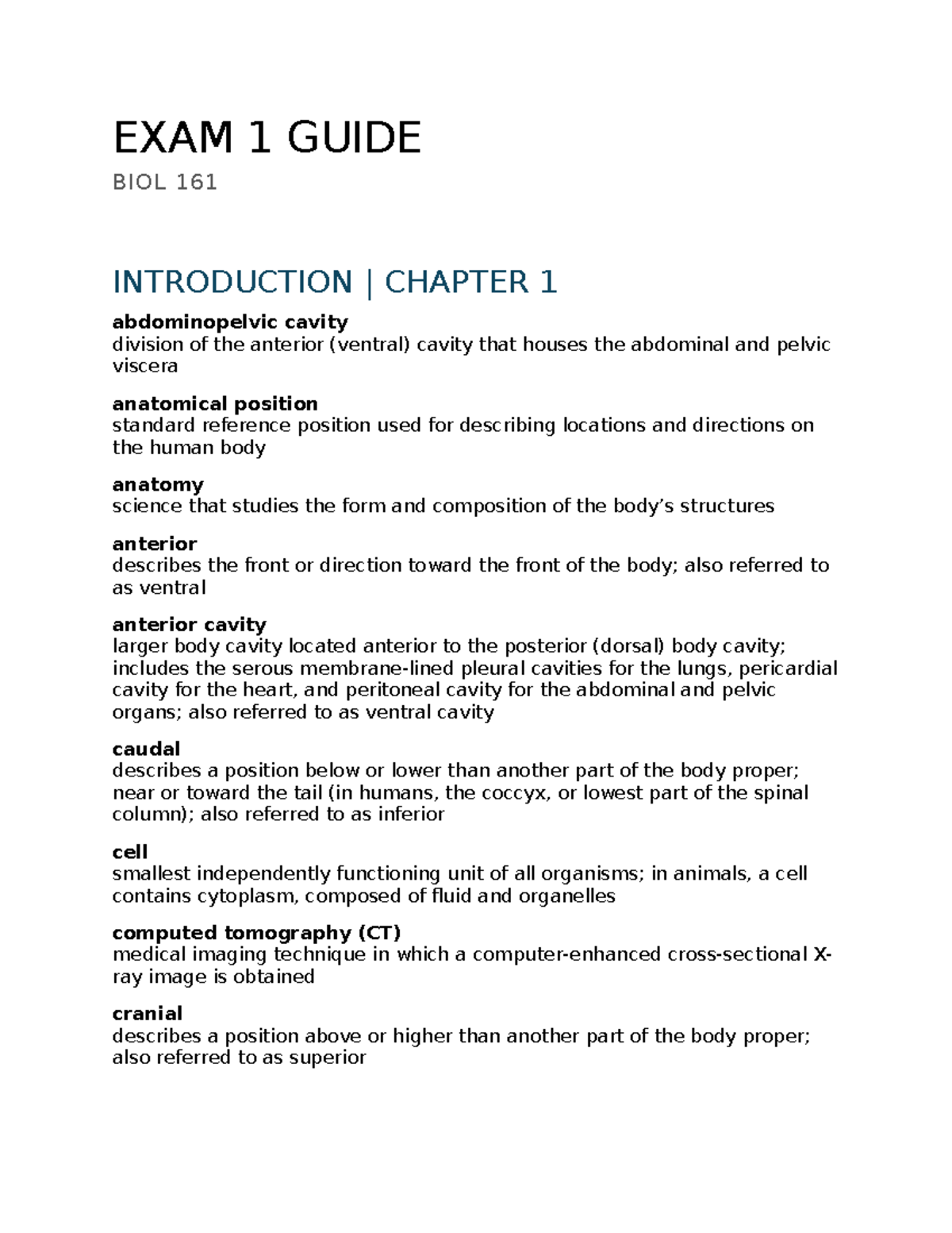 BIOL 161 Exam 1 Study Guide: Key Concepts & Definitions - Studocu