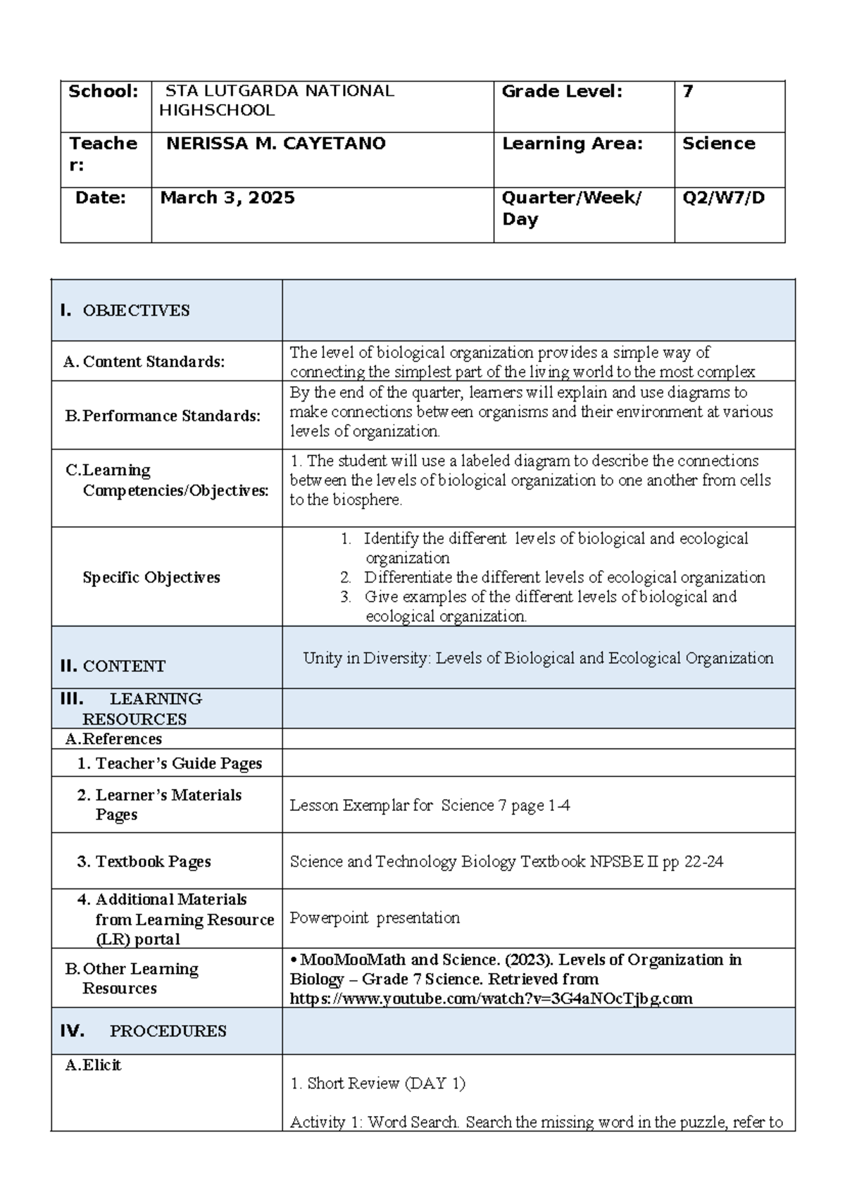 Levels of Biological Organization Lesson Plan for Science 7 - Studocu
