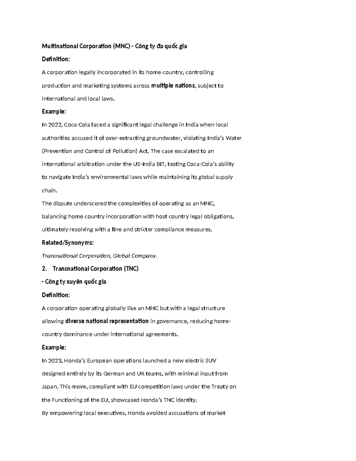MNC and TNC: Definitions, Examples, and Legal Frameworks - Studocu