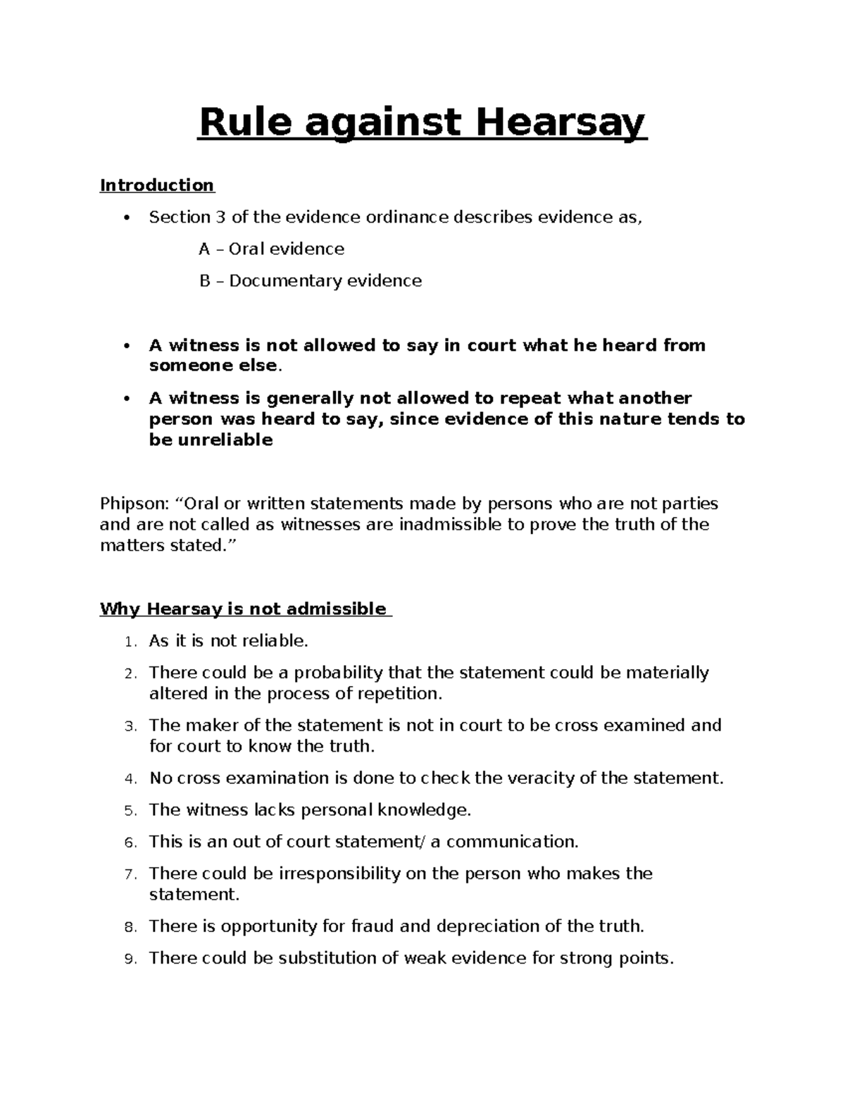 Rule against Hearsay - Evidence - Rule against Hearsay Introduction ...