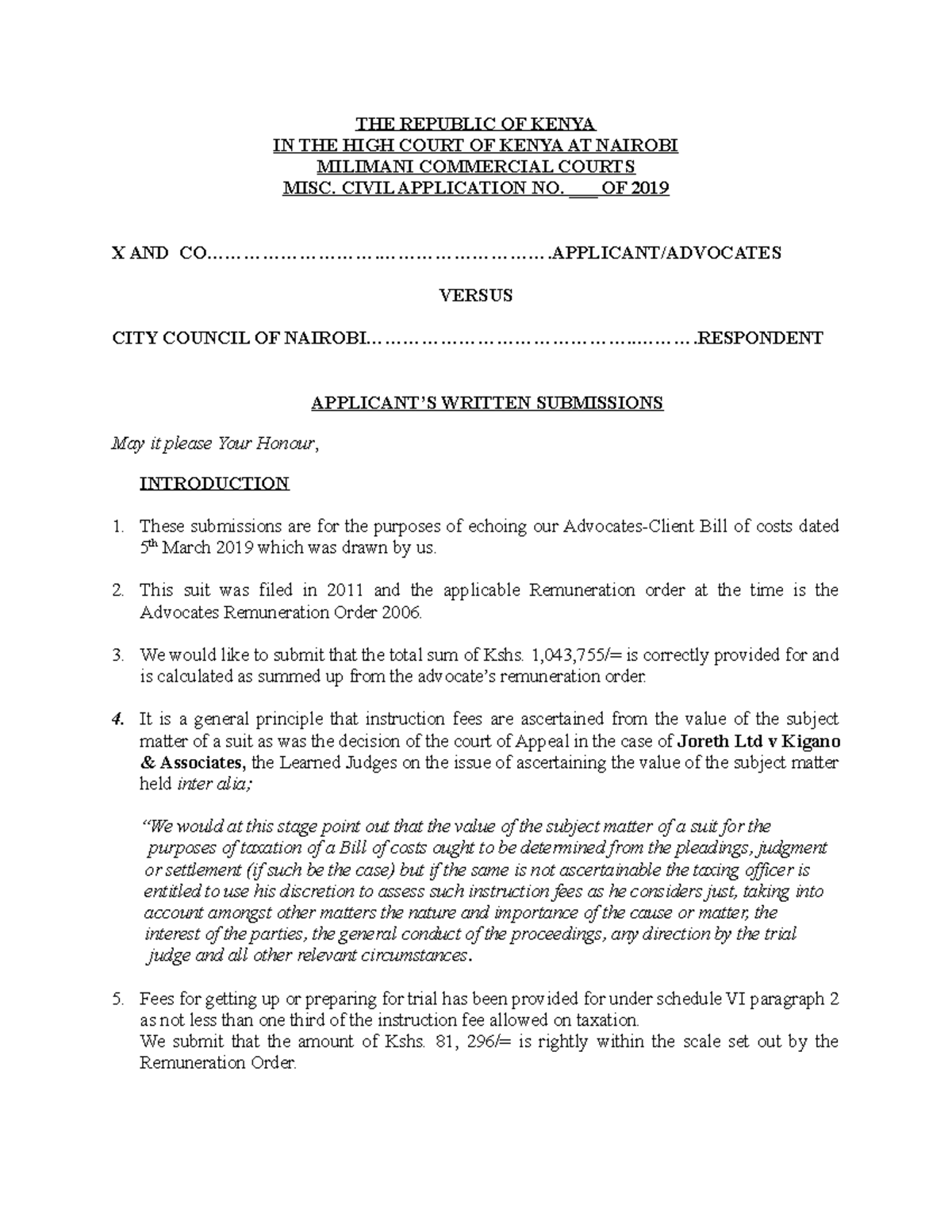 Bill of Costs Submissions Sample - MISC. CIVIL APPLICATION NO. ___/2019 ...