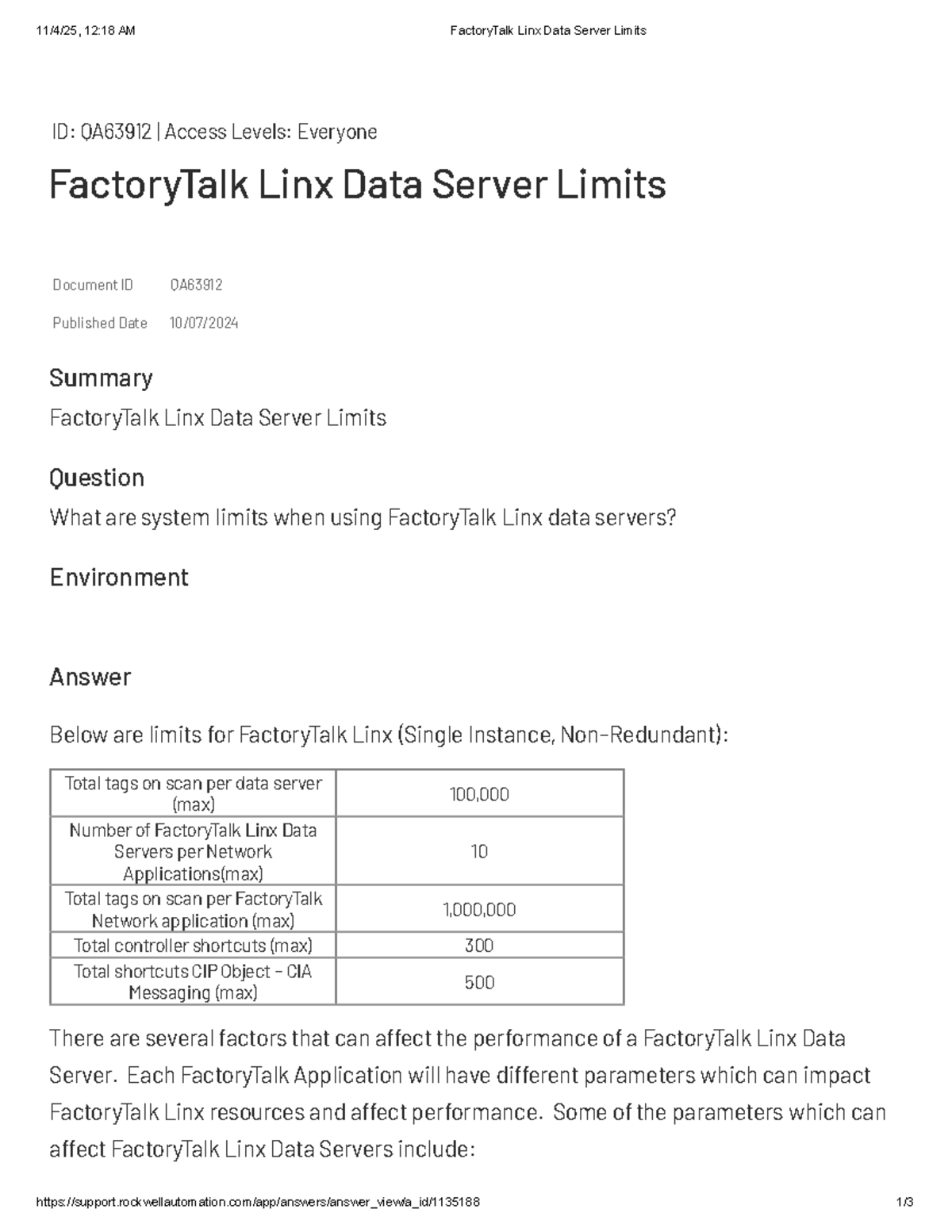 FactoryTalk Linx Data Server Limits Overview (ID: QA63912) - Studocu