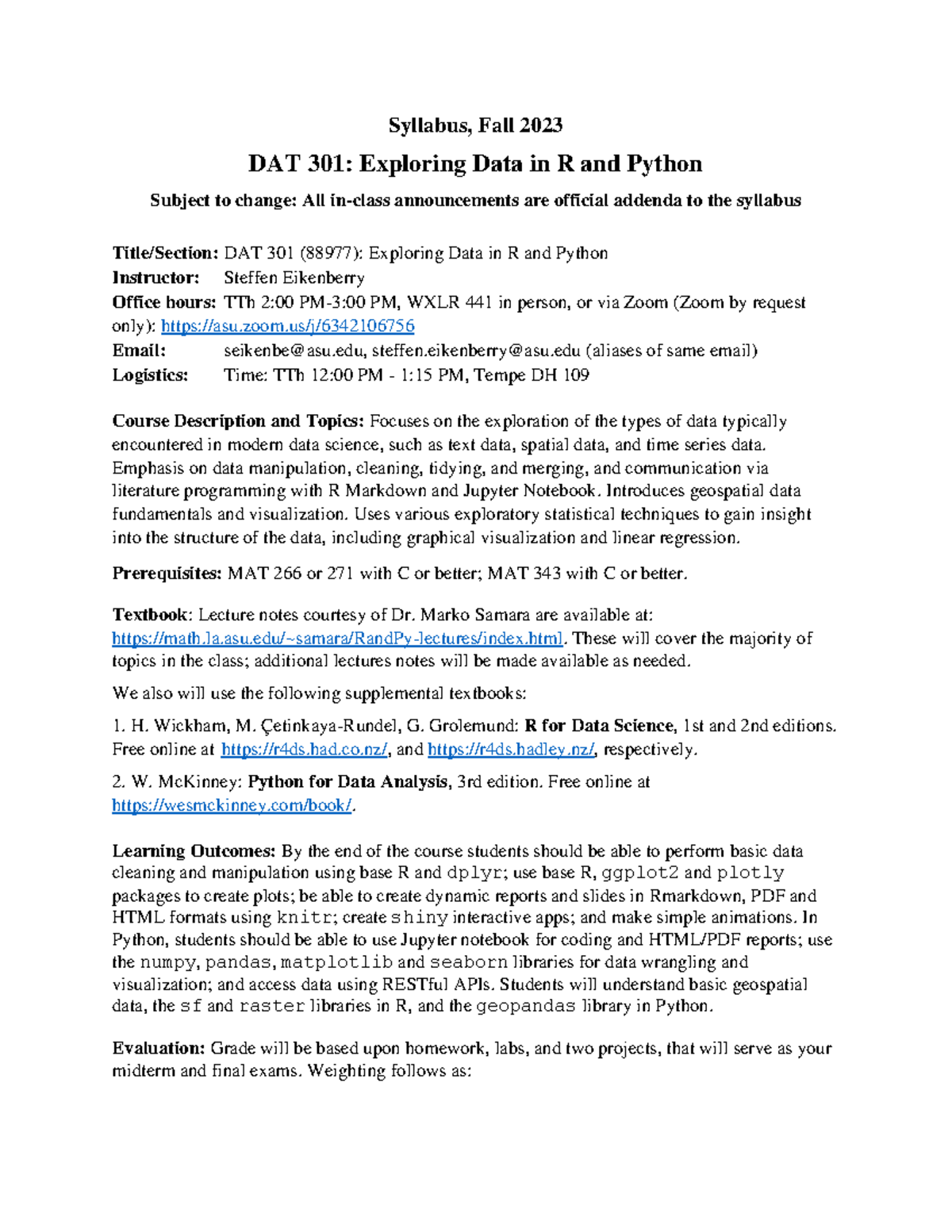 DAT301 Fall 2023: Exploring Data in R and Python Syllabus - Studocu