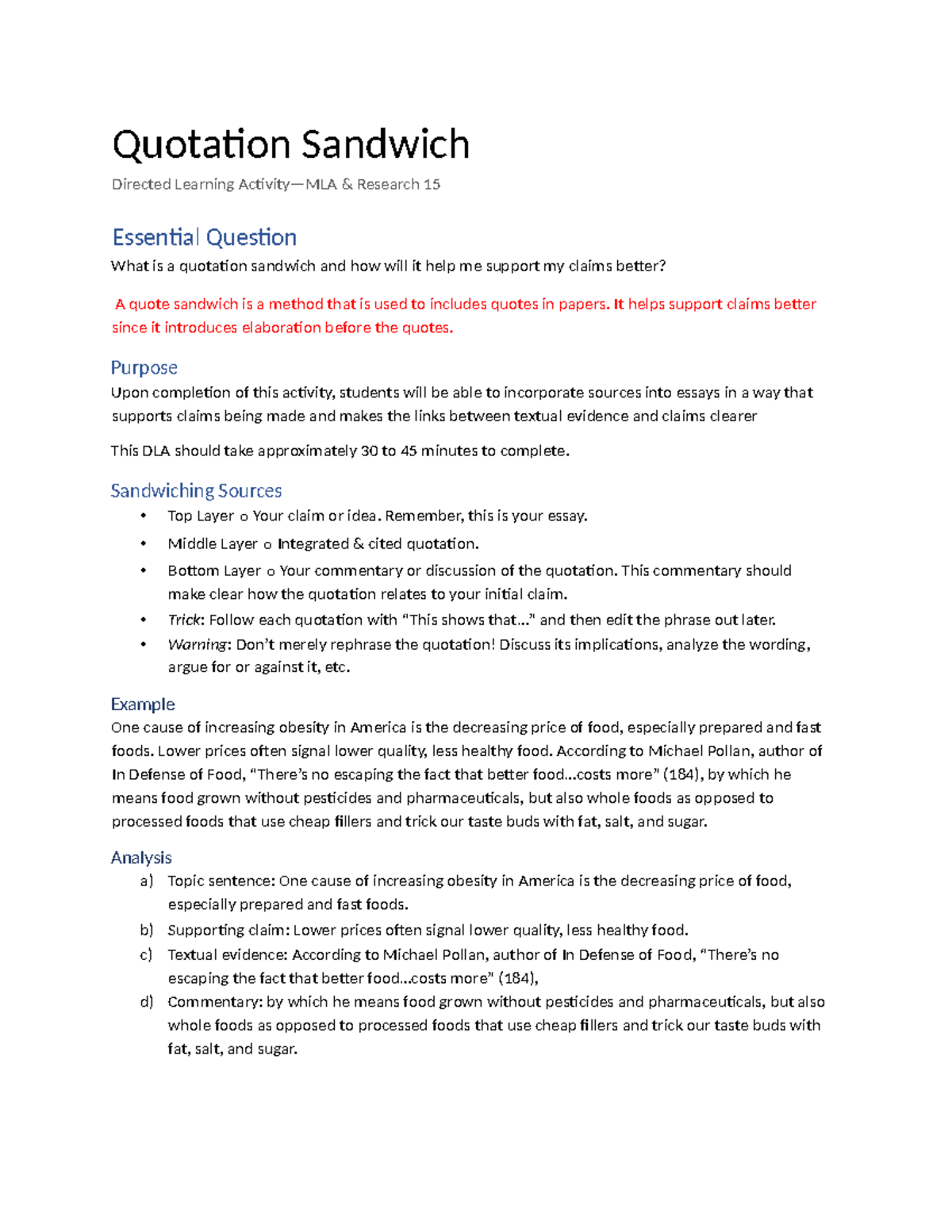 DLA #4 - M.15 Quotation Sandwich: Mastering Essay Evidence Integration ...