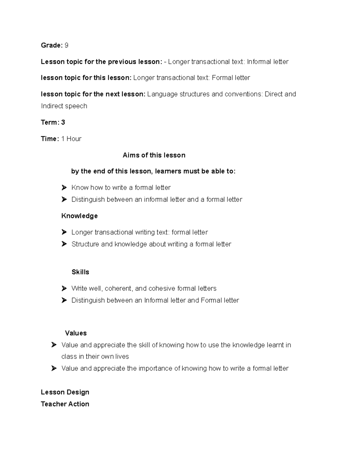 Grade 9 Term 3 Lesson Plan: Writing Formal Letters - Studocu