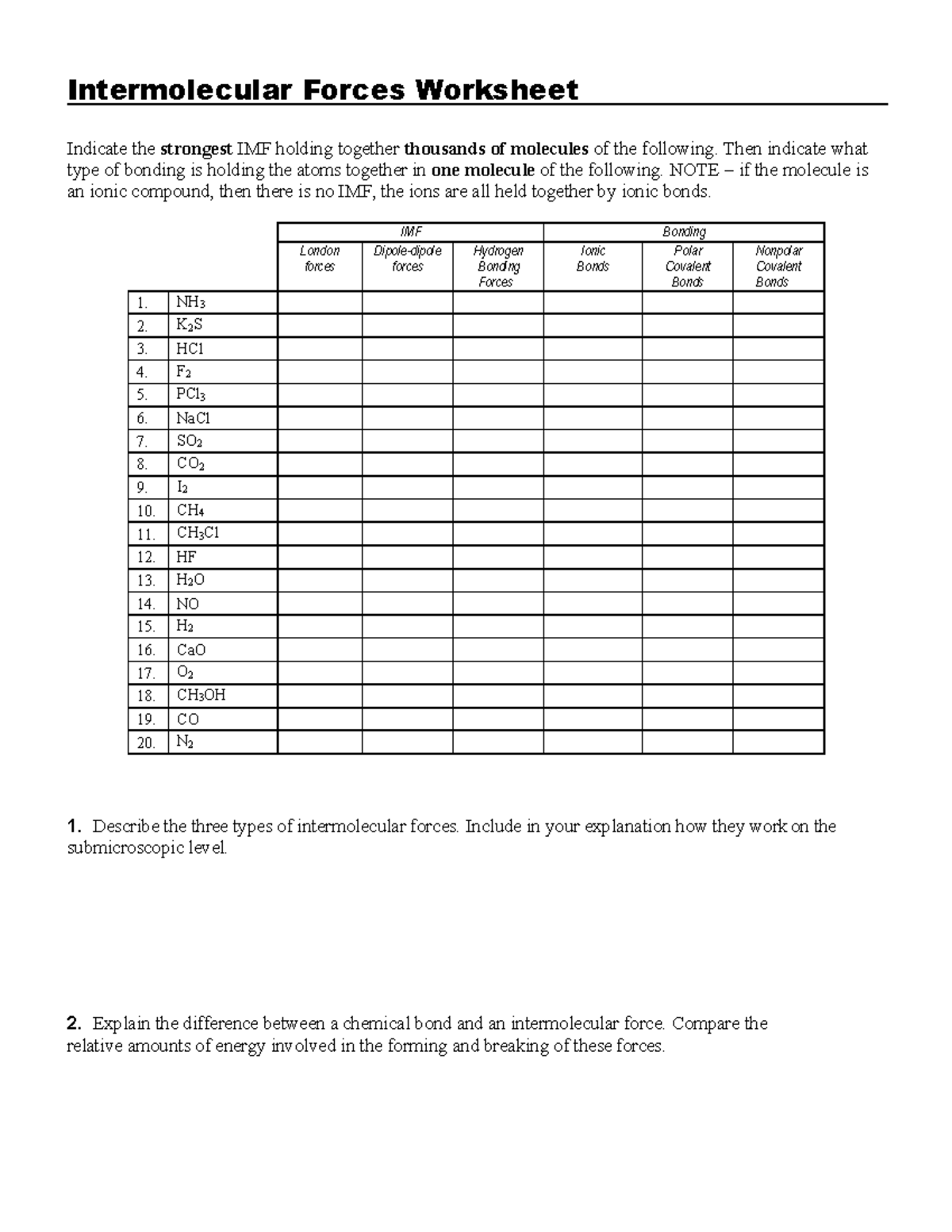IMF Worksheet: Understanding Intermolecular Forces and Bonding - Studocu