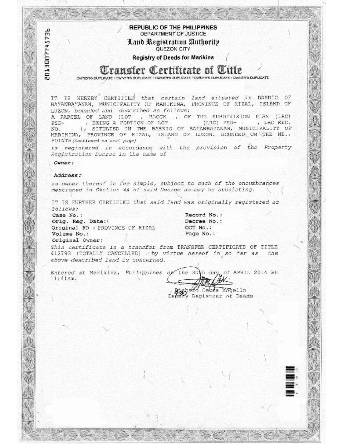 Transfer Certificate of Title Sample - Marikina, Rizal, Philippines ...
