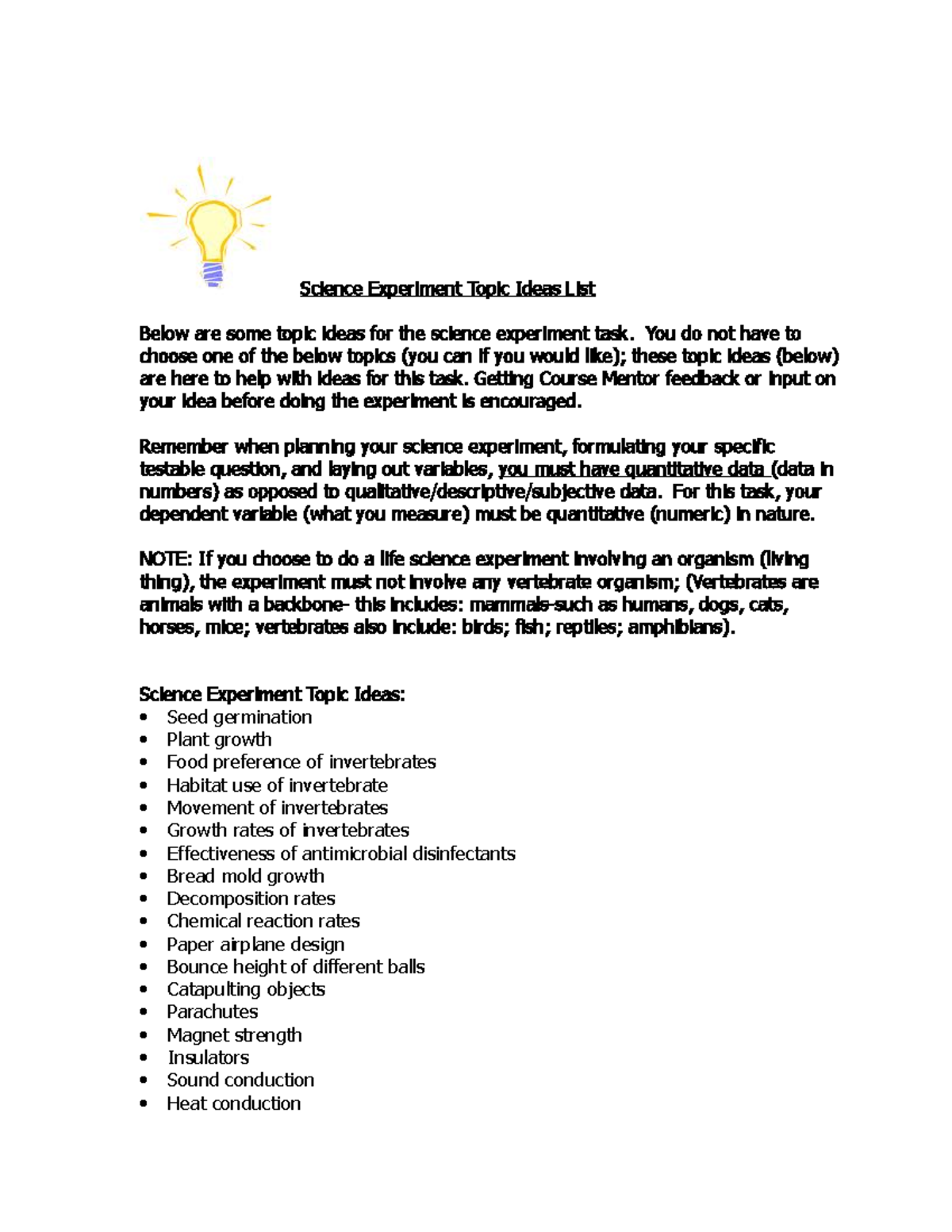 Natural Science Lab Topic List Revised - Science Experiment Topic Ideas ...