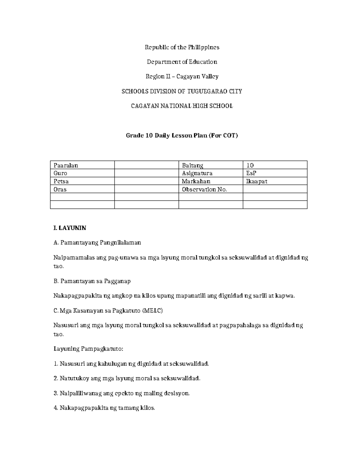 COT Daily Lesson Plan for Grade 10 ESP10: Moral Issues on Dignity and ...