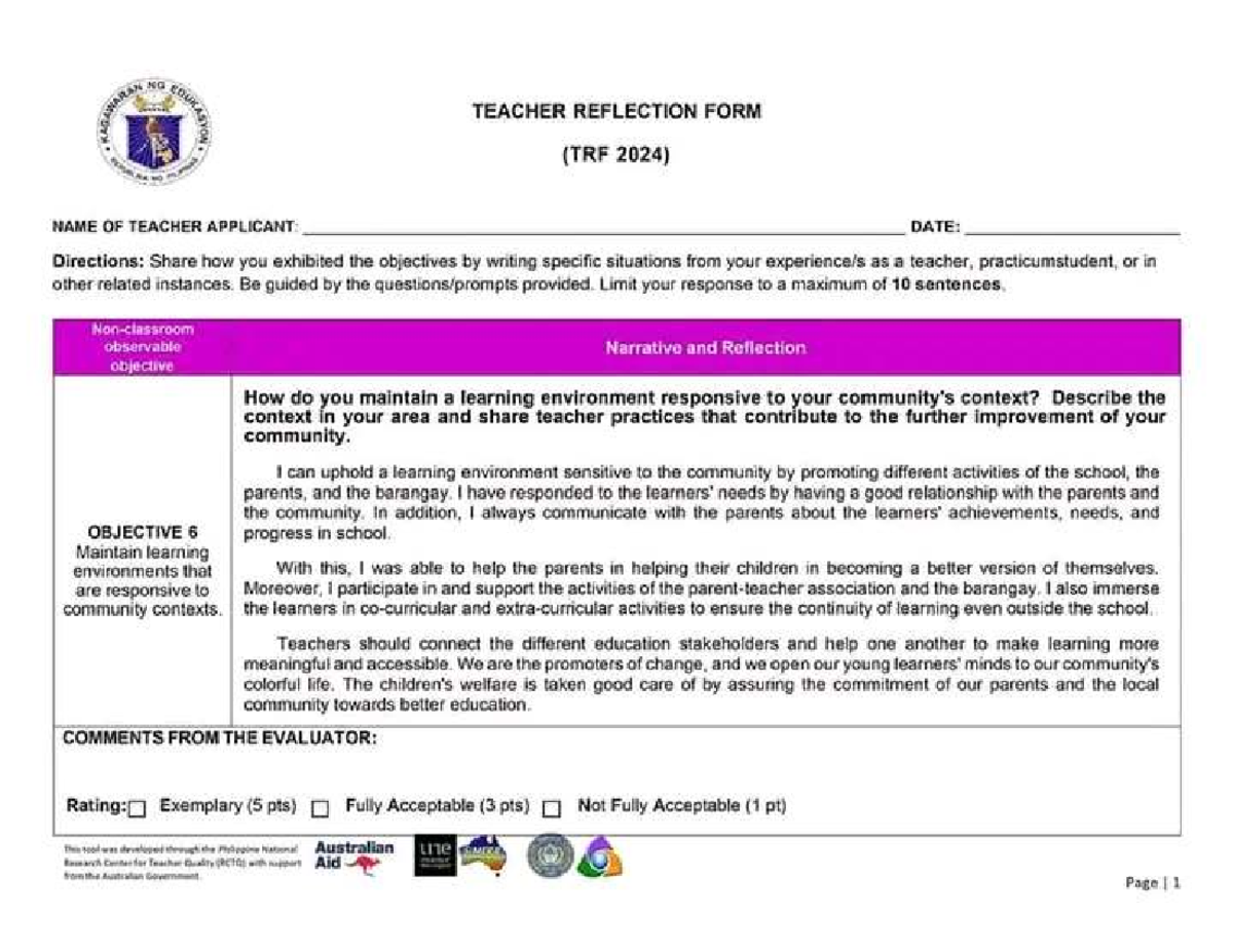 NG EDUCATION TEACHER REFLECTION FORM (TRF 2024) - Studocu