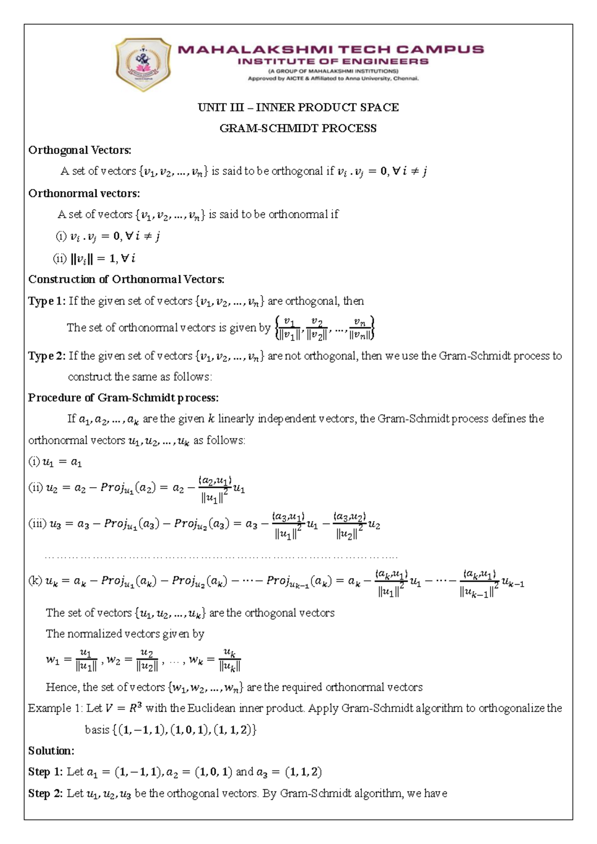 MA25C02 Unit III: Inner Product Space & Orthonormal Vectors Process ...