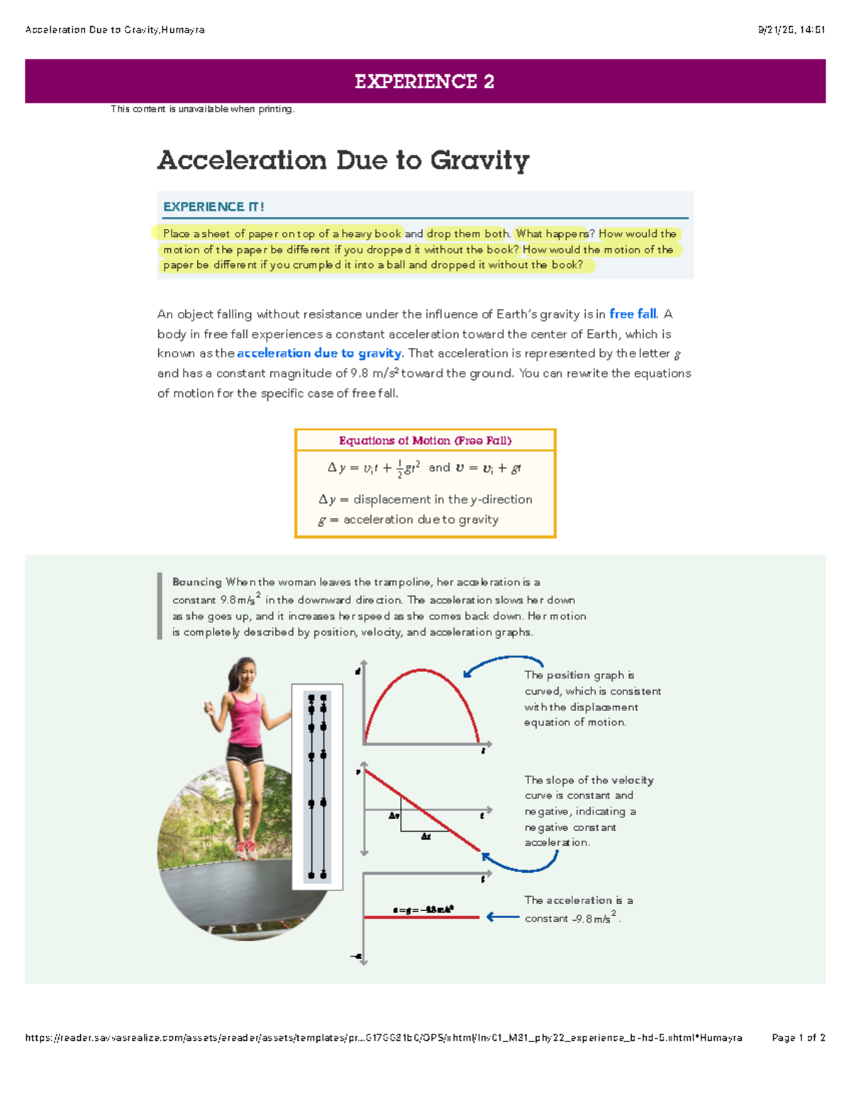Acceleration Due to Gravity - Experience 2 (Physics Lab) - Studocu
