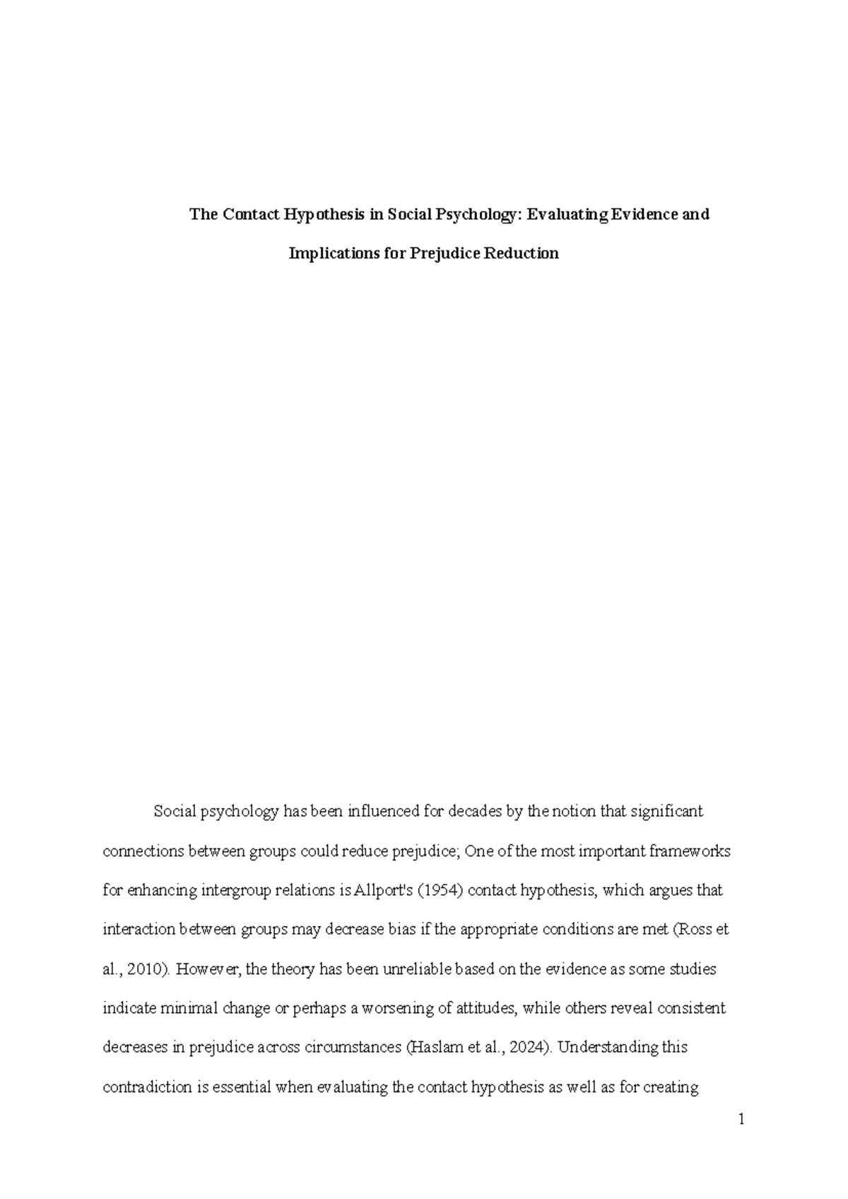 Psyc1004 Research Essay: Evaluating the Contact Hypothesis in Prejudice ...