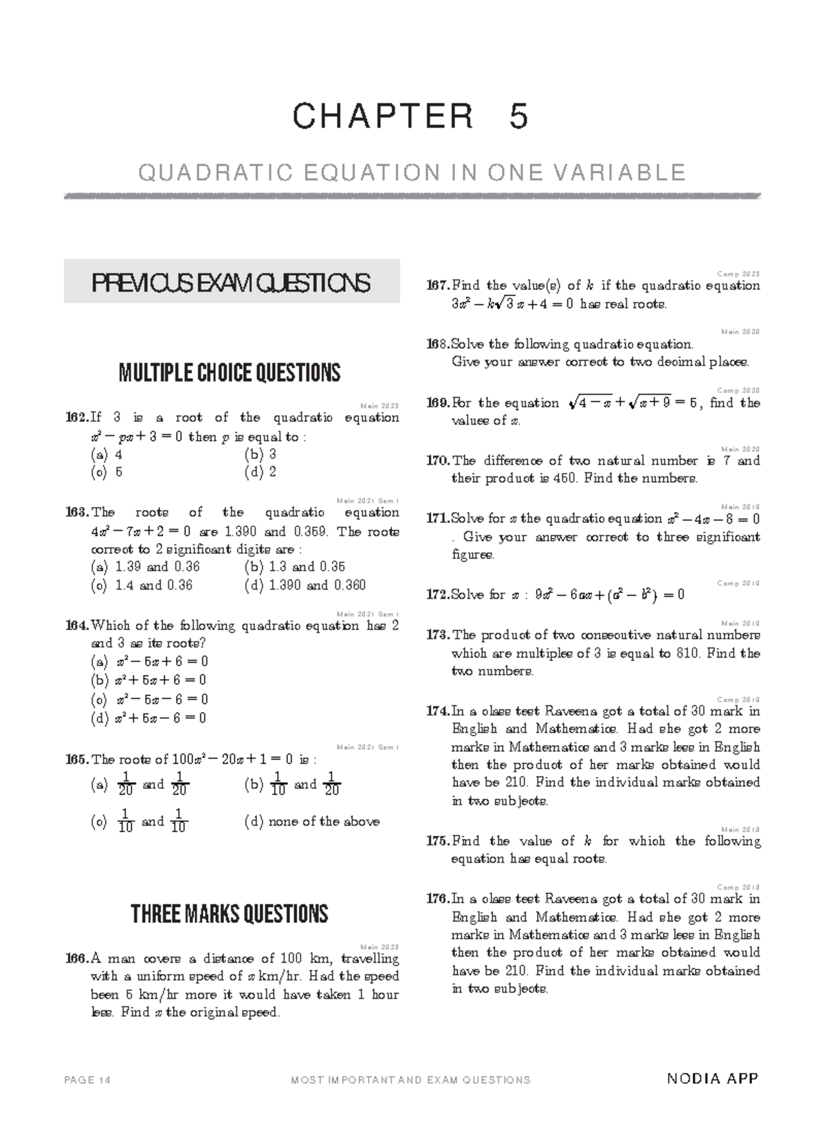ICSE CLASS 10TH MATHEMATICS CH 5: QUADRATIC EQUATIONS PREVIOUS YEAR ...