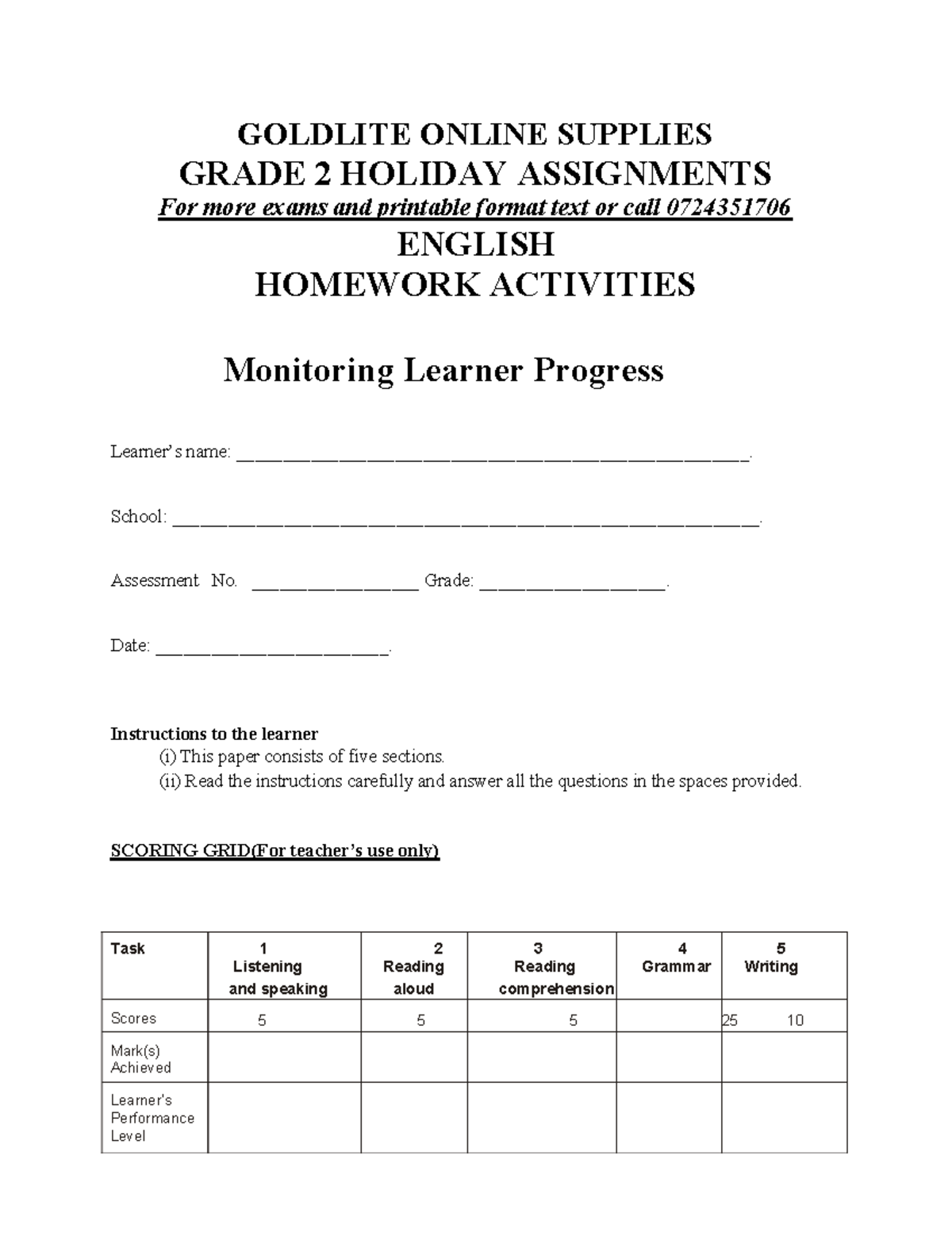 Grade 2 Holiday Assignments: English & Math Activities - Studocu