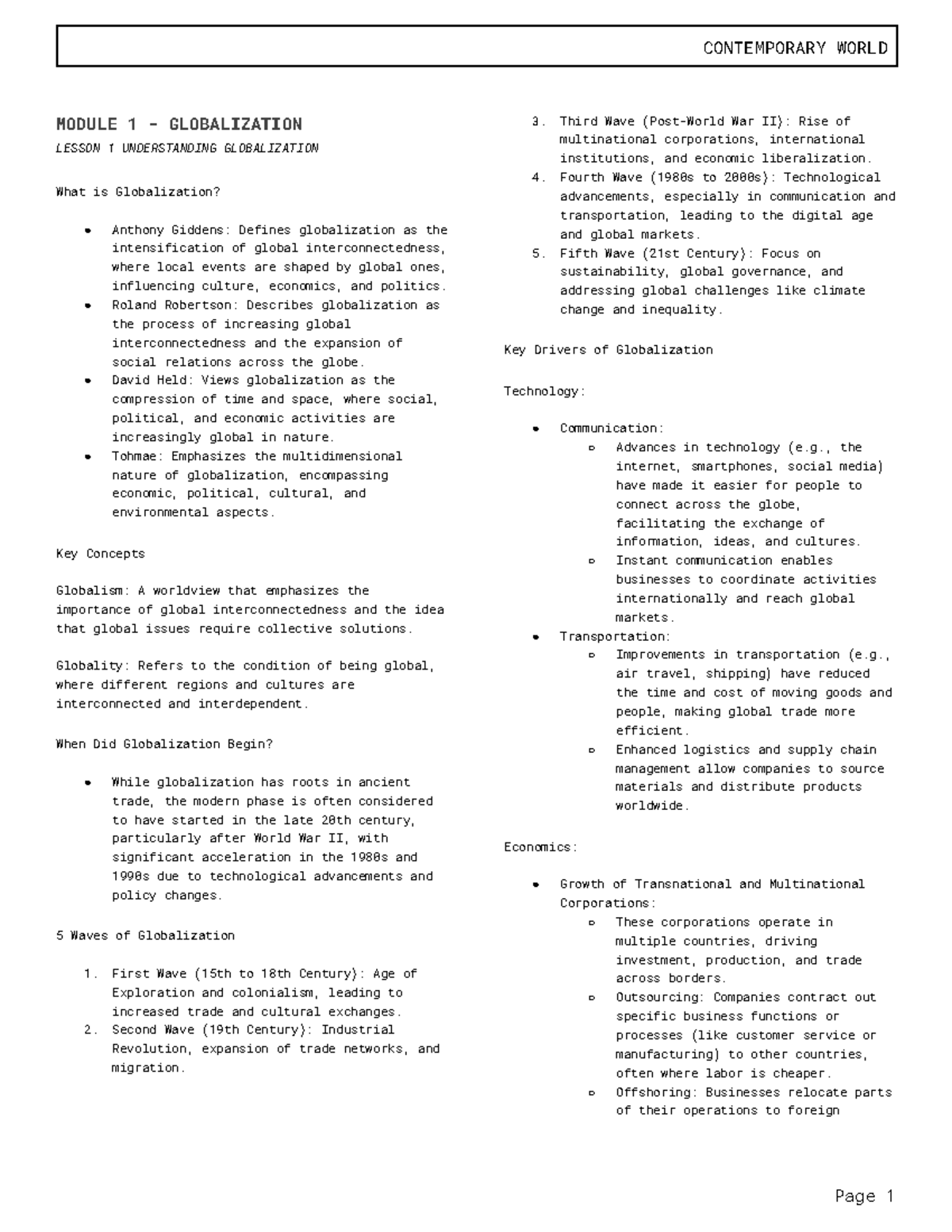 GE4 Contemporary World - Prelims - MODULE 1 - GLOBALIZATION LESSON 1 ...