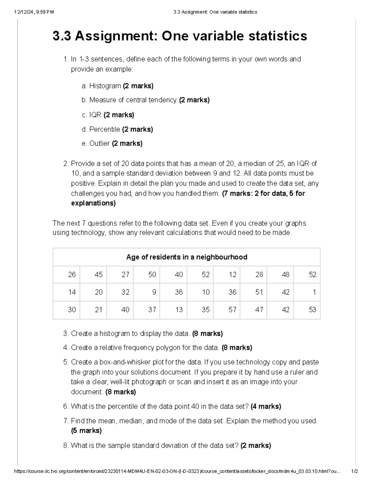 MDM4U Assignment: One Variable Statistics - Definitions & Data Analysis ...