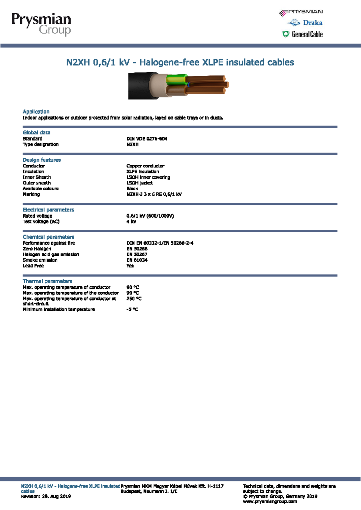 Cable Specifications for N2XH-J 4x1.5 RE 0.6 kV XLPE Insulated Cables ...