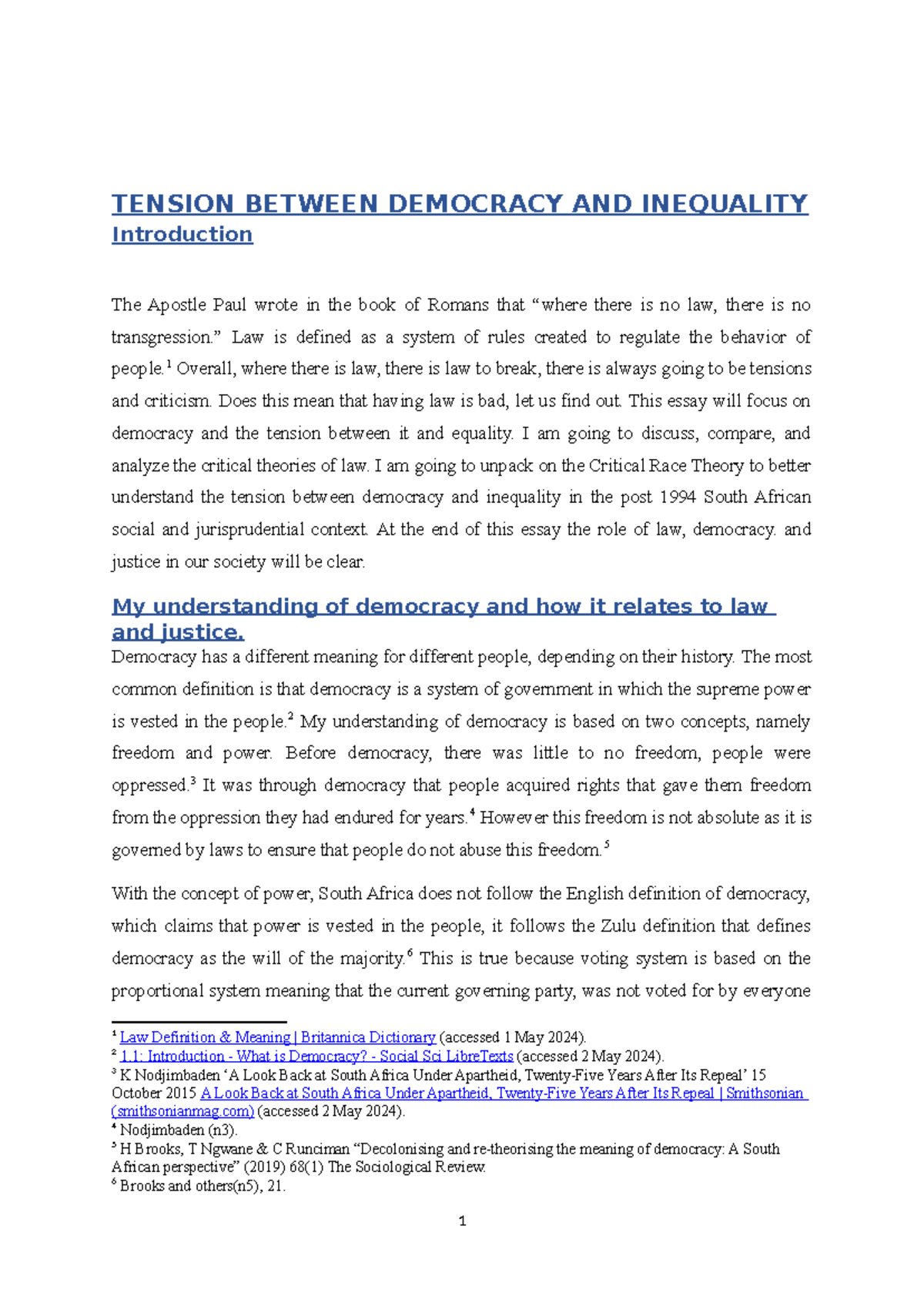 JUR 310 Assignment - TENSION BETWEEN DEMOCRACY AND INEQUALITY ...