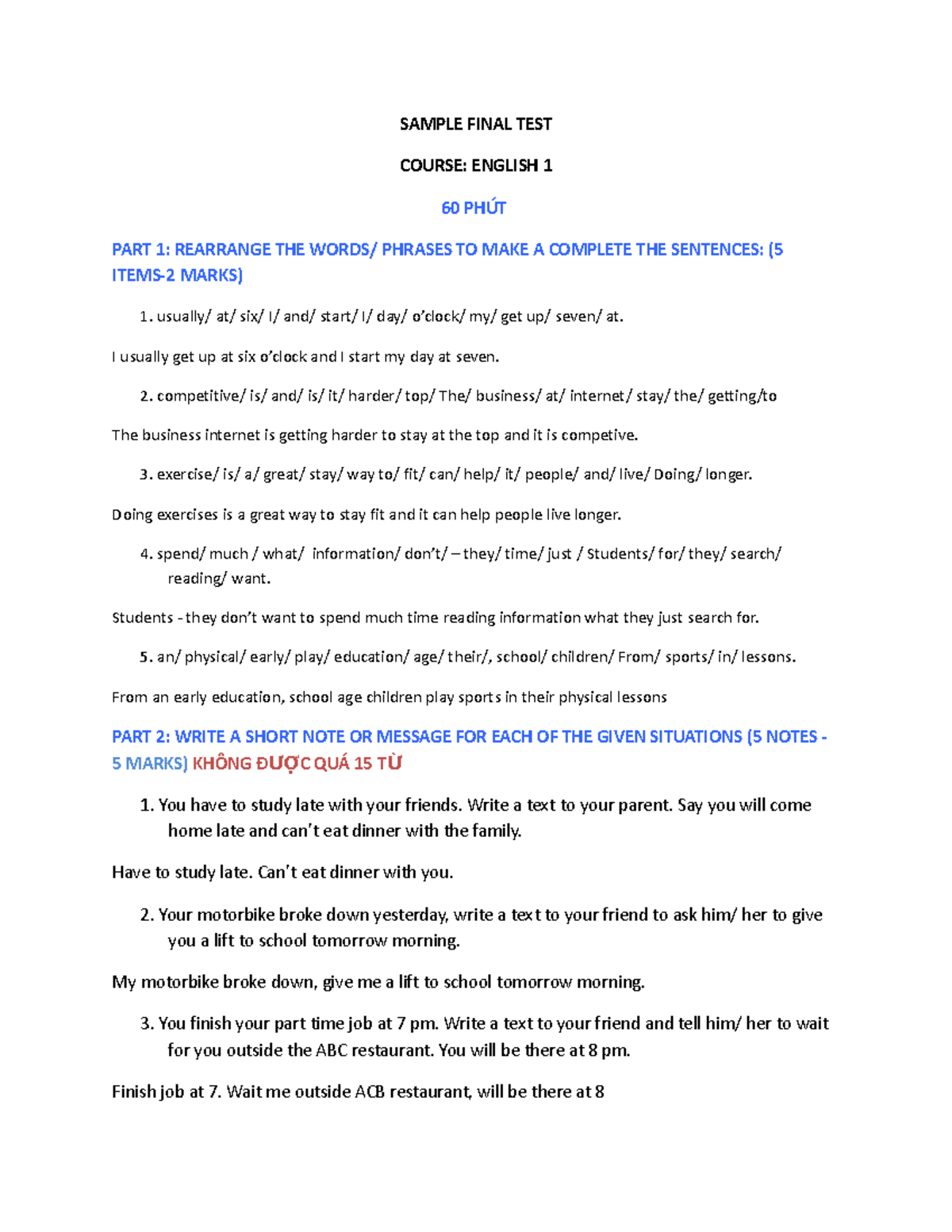 Review FOR THE Final TEST 5 - SAMPLE FINAL TEST COURSE: ENGLISH 1 60 ...