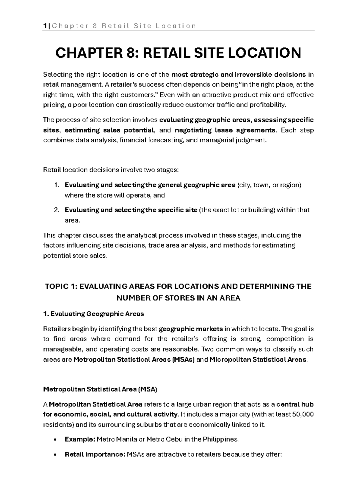 Chapter 8: Retail Site Location Analysis and Decision-Making - Studocu