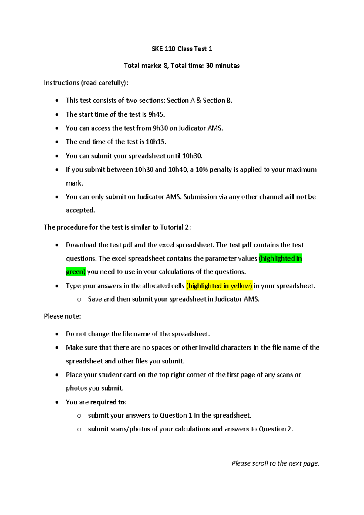 SKE 110 Class Test 1 Instructions and Details for Students - Studocu