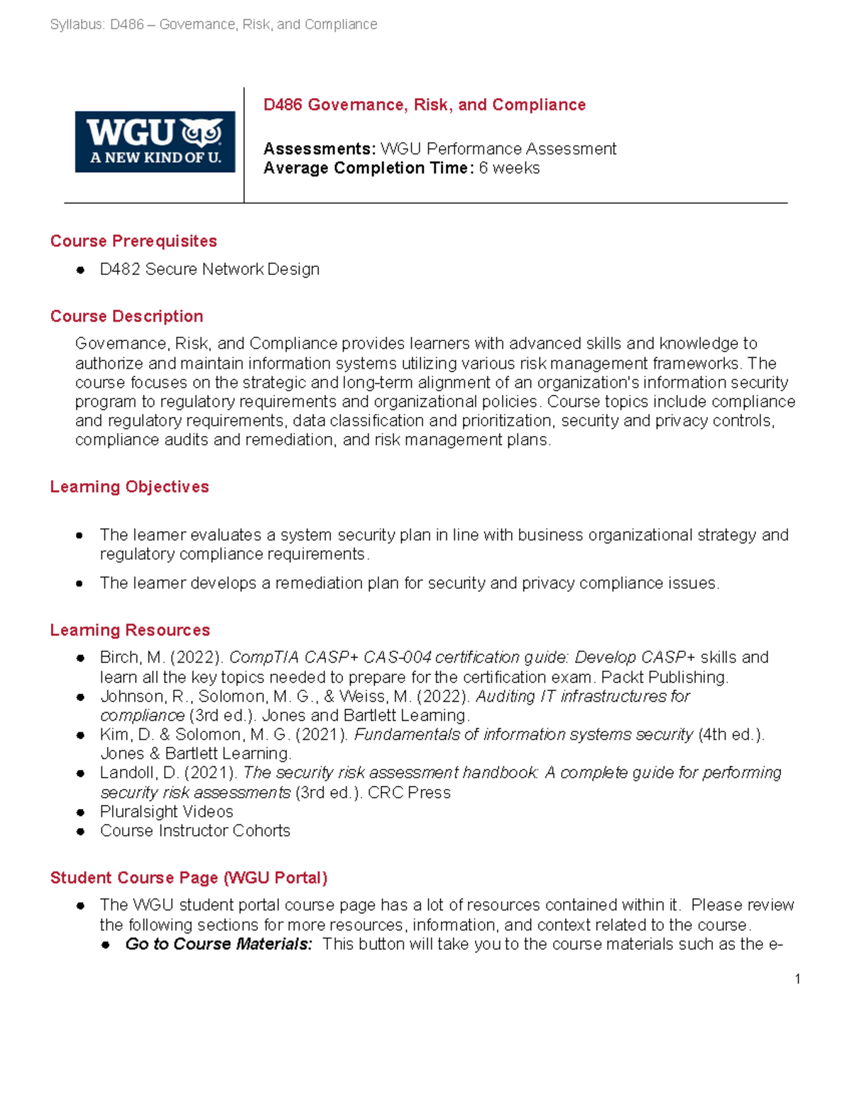 WGU D486 Governance, Risk, and Compliance Course Syllabus Overview - Studocu