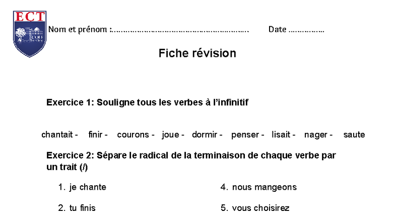 Fiche de Révision - Exercices de Conjugaison Français - Studocu