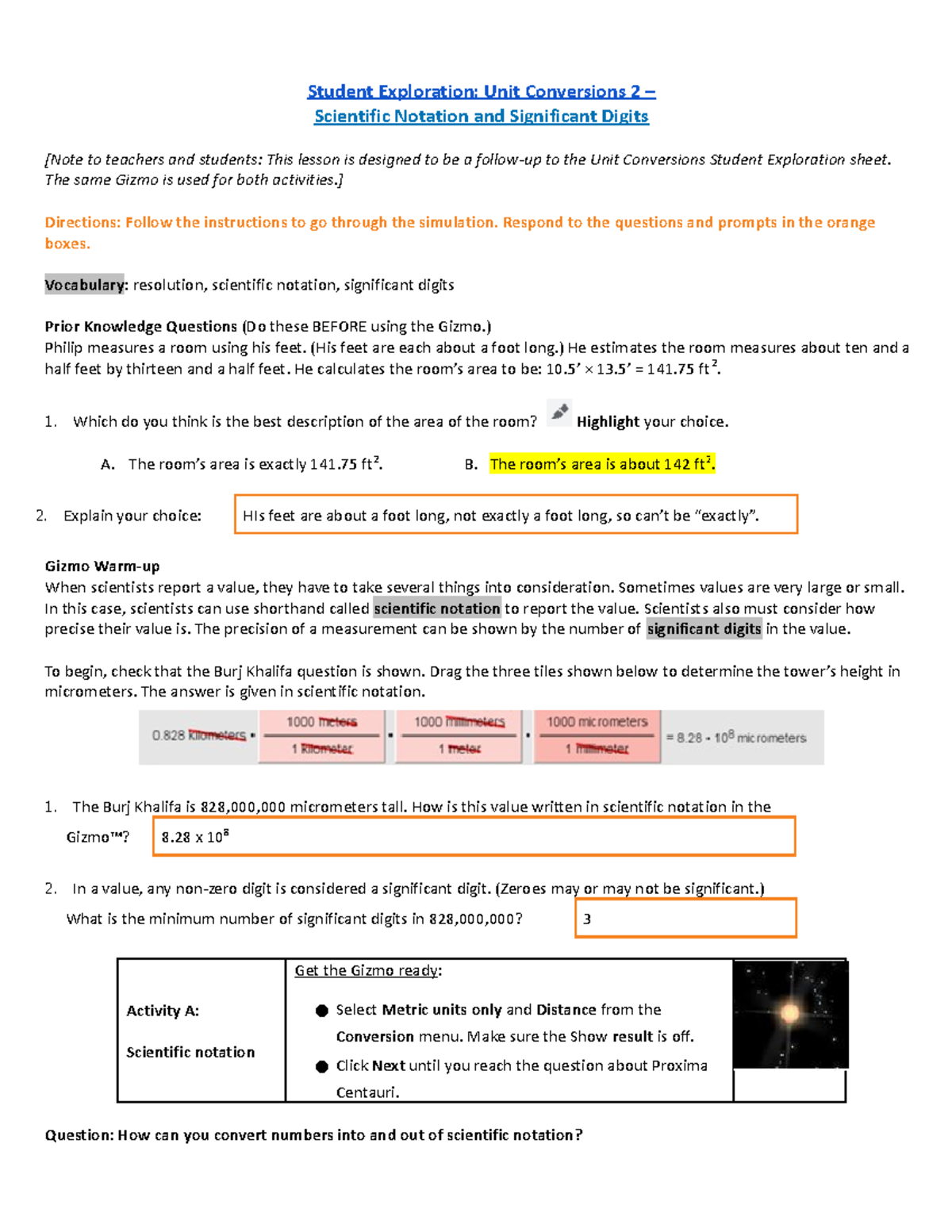 ILB #8 Gizmo Unit Conversions - Scientific Notation and Significant ...