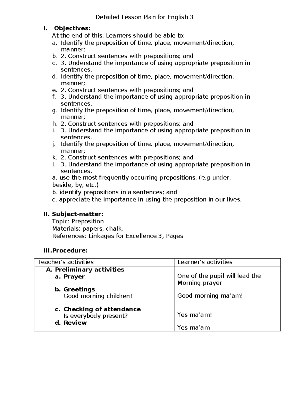 Detailed Lesson Plan for English 3: Understanding Prepositions - Studocu