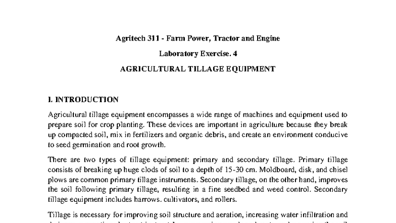 Agritech 311 Lab 4: Tillage Equipment and Practices Overview - Studocu