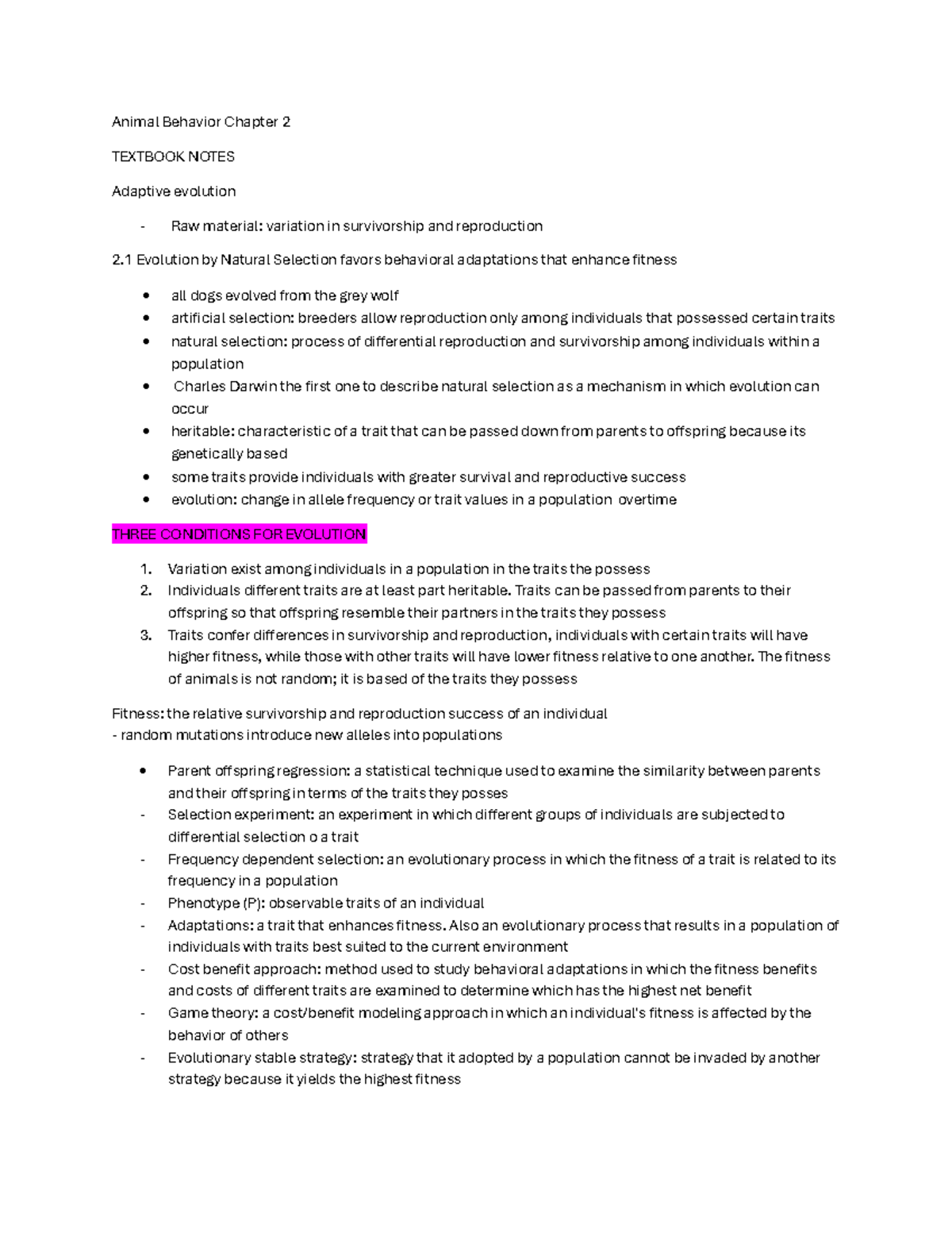 Animal Behavior (AB 101) Textbook Notes: Chapter 2 - Natural Selection ...