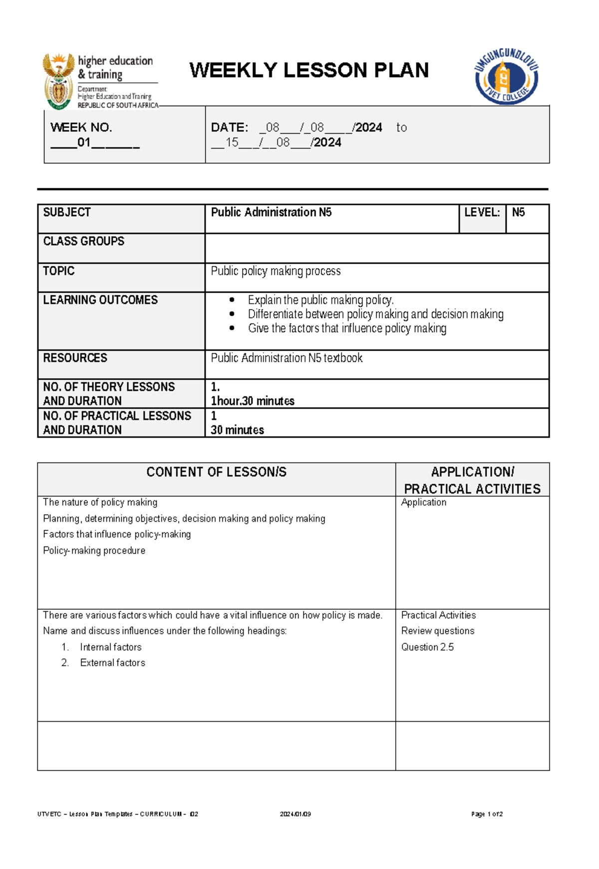 Public Administration N5: Weekly Lesson Plan on Policy Making Processes ...