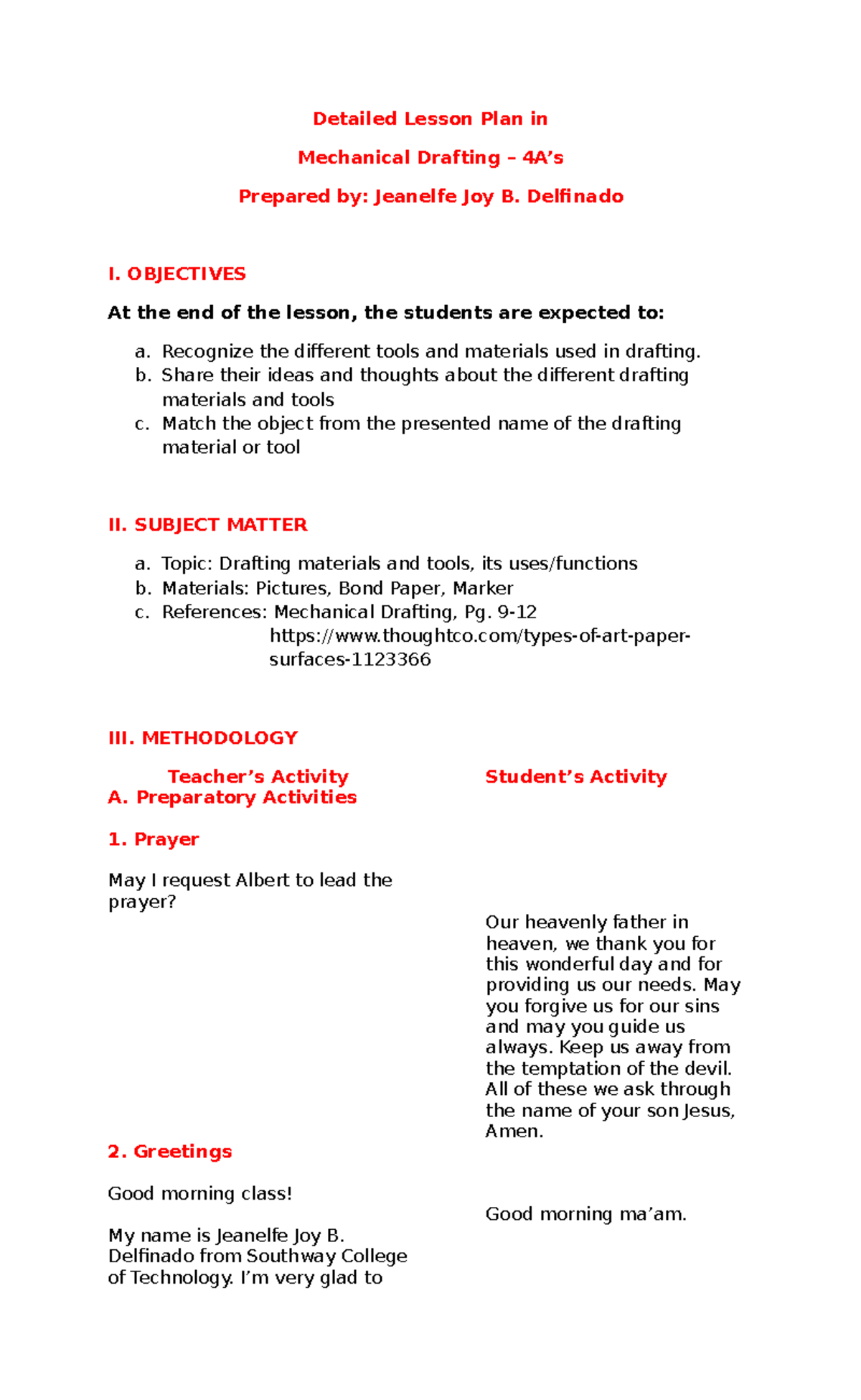 Detailed Lesson Plan for Mechanical Drafting - 4A’s - Studocu