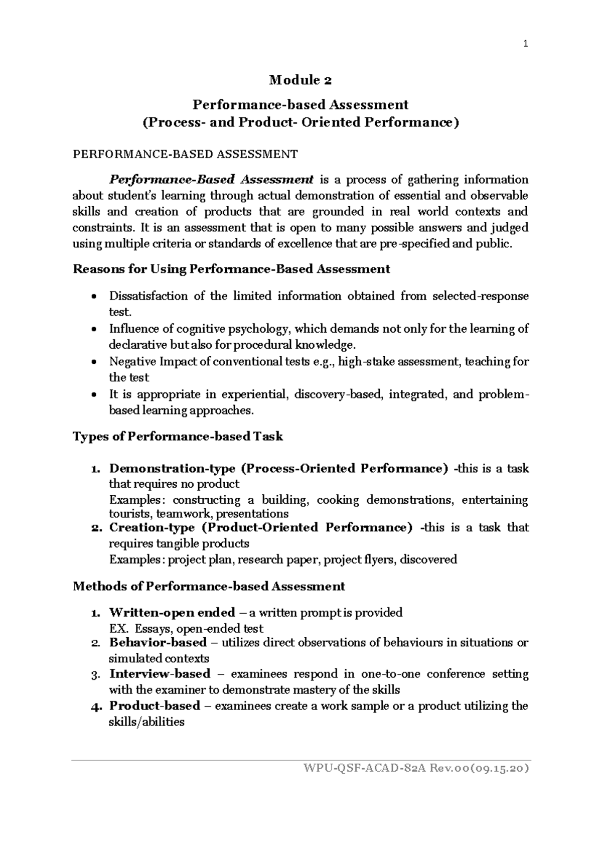 Module 2: Performance-Based Assessment Overview and Methods - Studocu