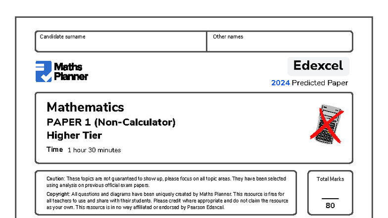 Edexcel May 2024 Predicted Paper 1 Higher - Q Topic(s) Marks 1 ...