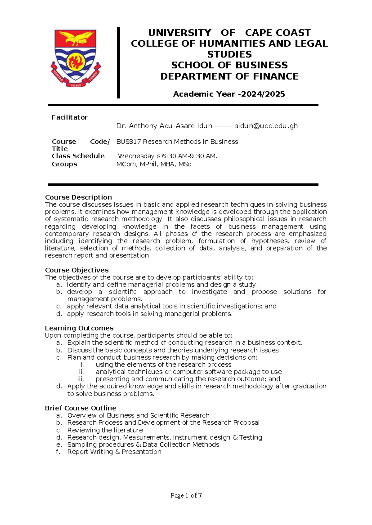 BUS817 Research Methods in Business: Course Outline and Schedule - Studocu