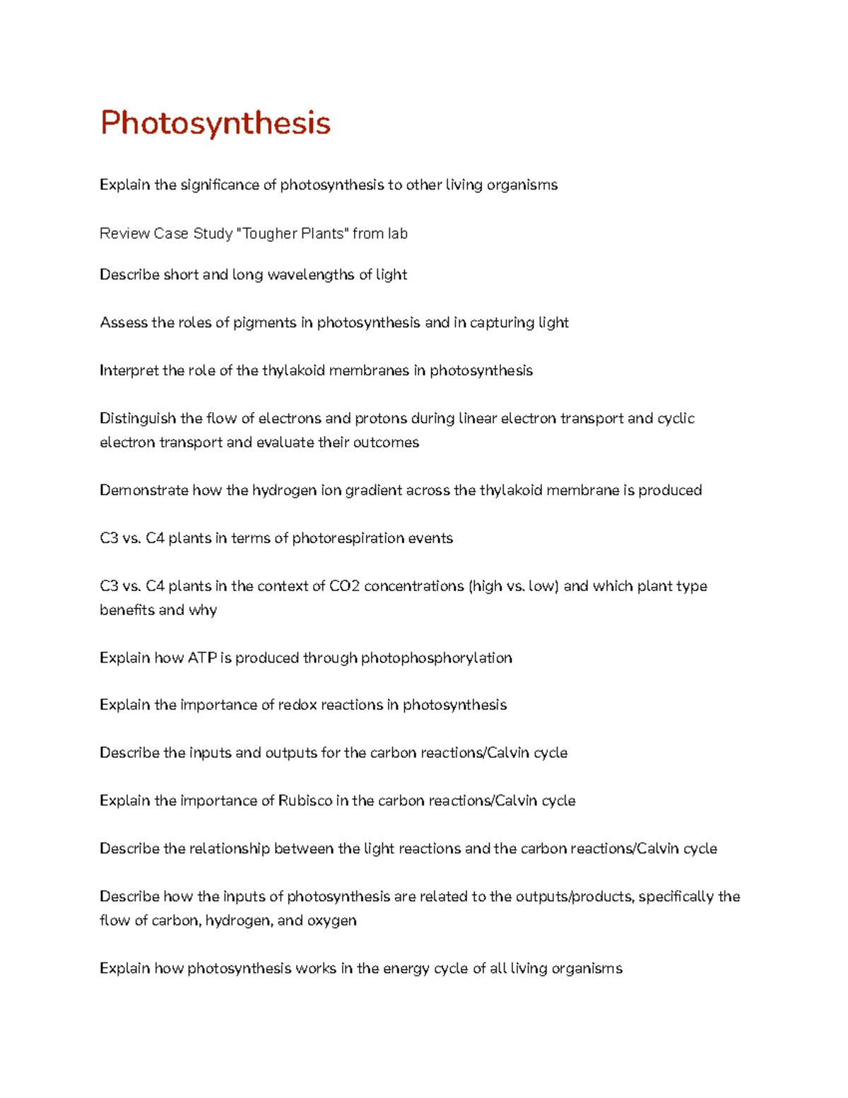 Bio 240W Midterm 2 Review: Photosynthesis, Cellular Respiration, and ...