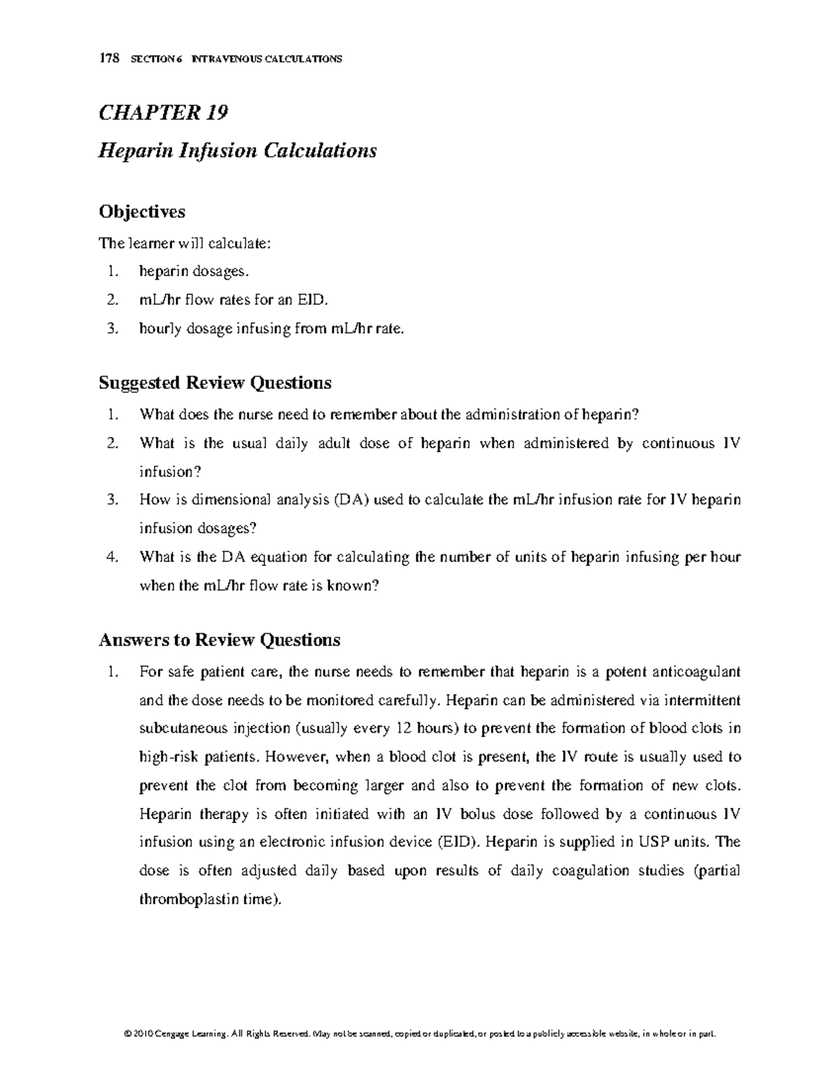 Heparin Infusion Calculations - 178 SECTION 6 INTRAVENOUS CALCULATIONS ...