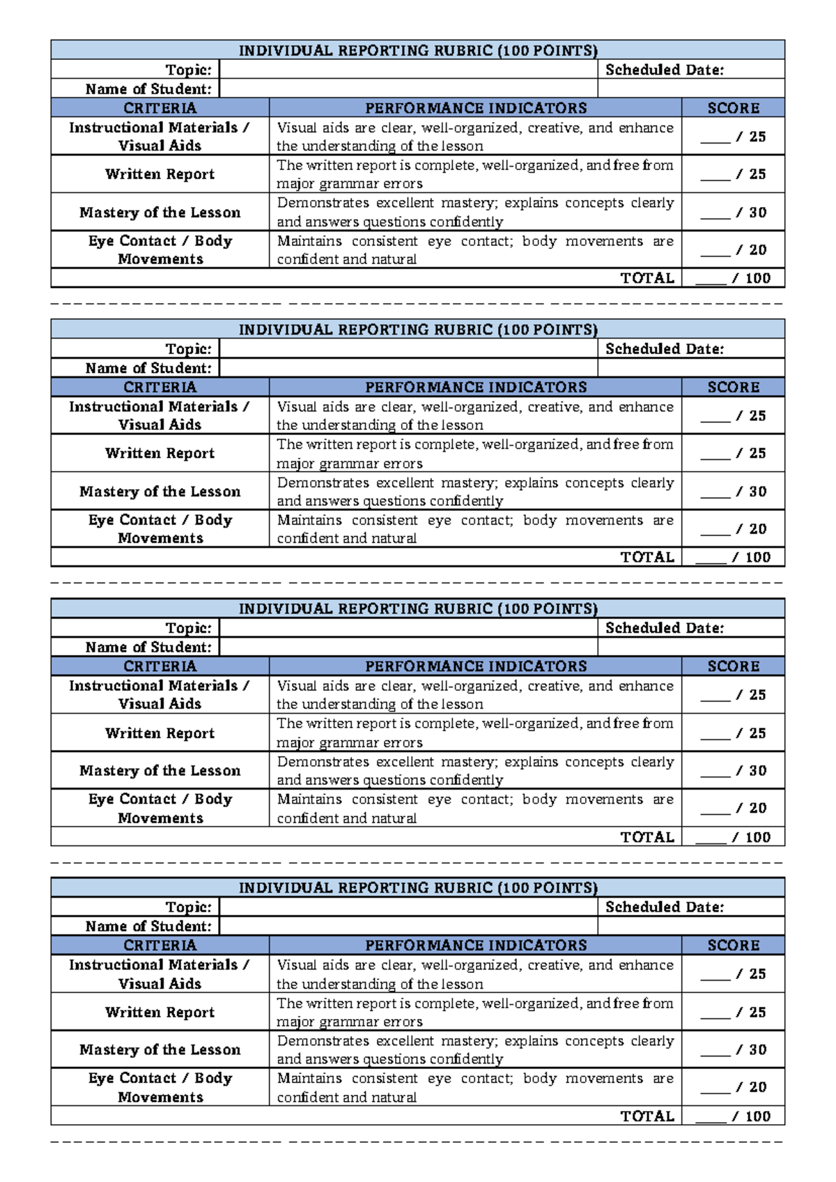 INDIVIDUAL REPORTING RUBRIC (100 POINTS) Evaluation Criteria - Studocu