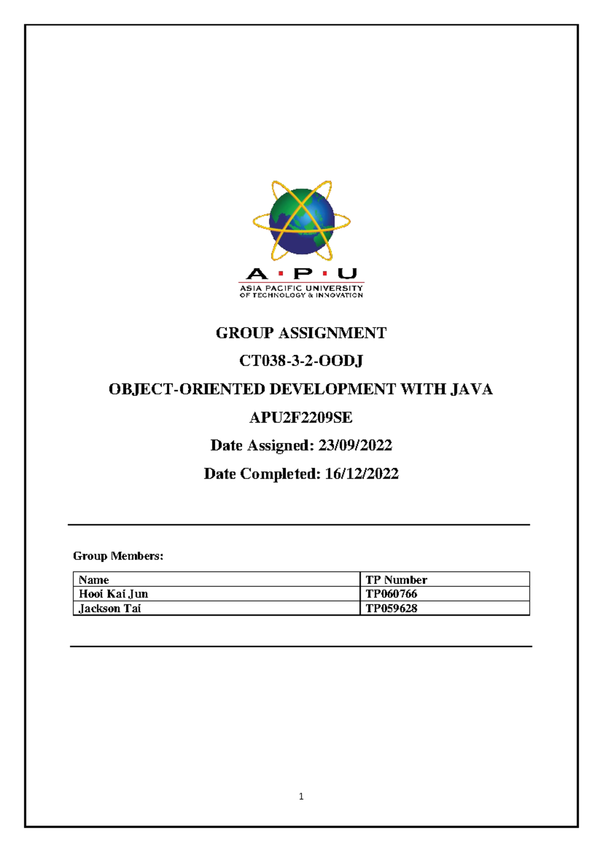 CT038-3-2-OODJ: Group Assignment on Object-Oriented Development - Studocu