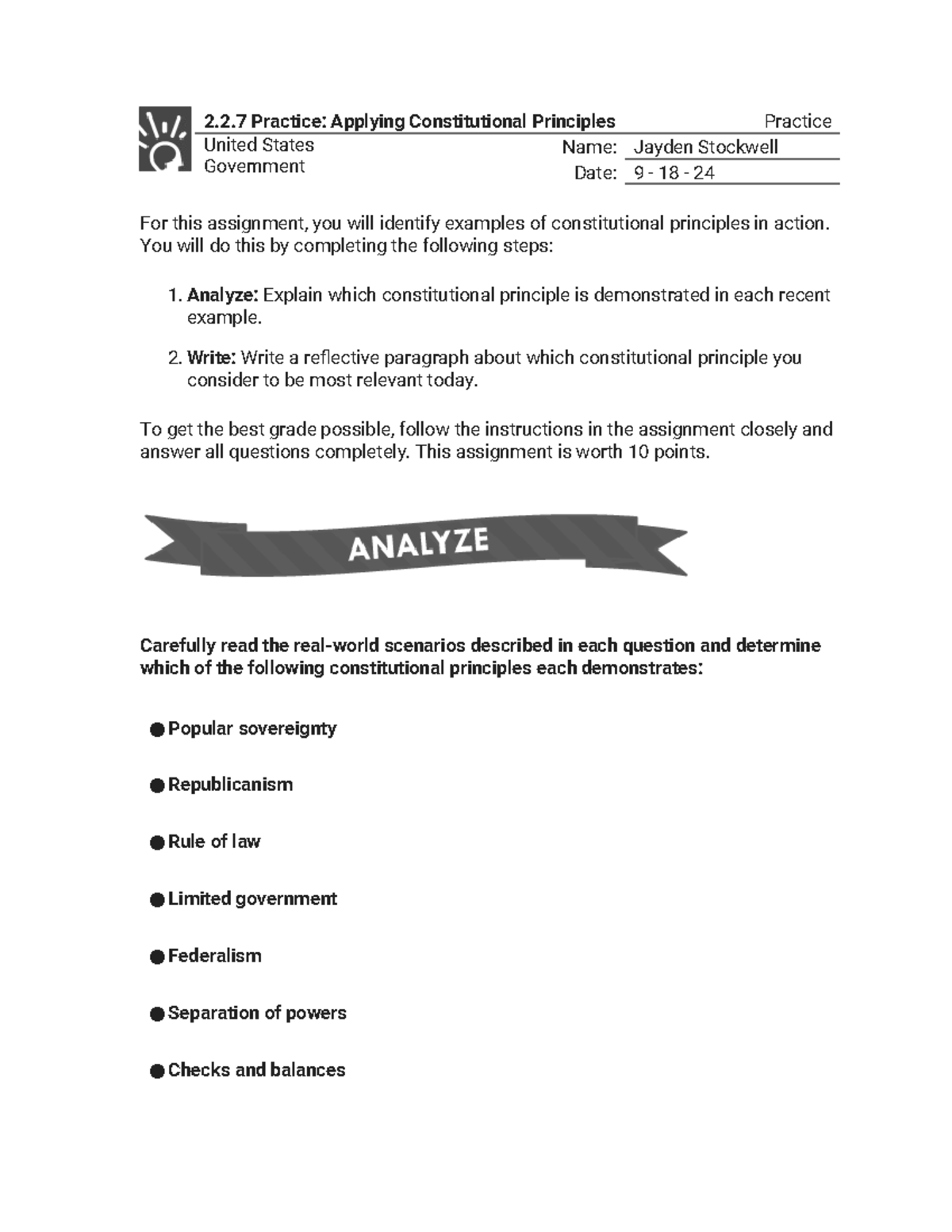 2.2.7 Practice - Analyzing Constitutional Principles in Action - Studocu