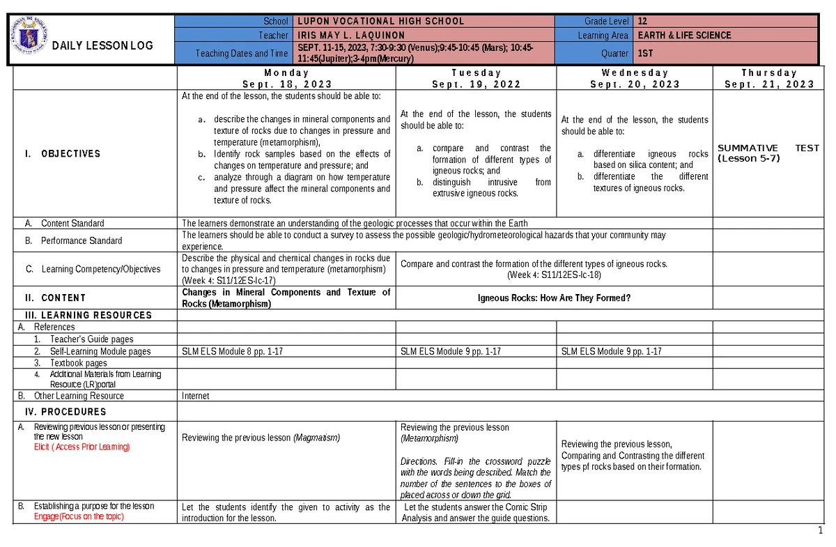 DAILY LESSON LOG: EARTH LIFE SCIENCE GRADE 12 - WEEK 5 - Studocu