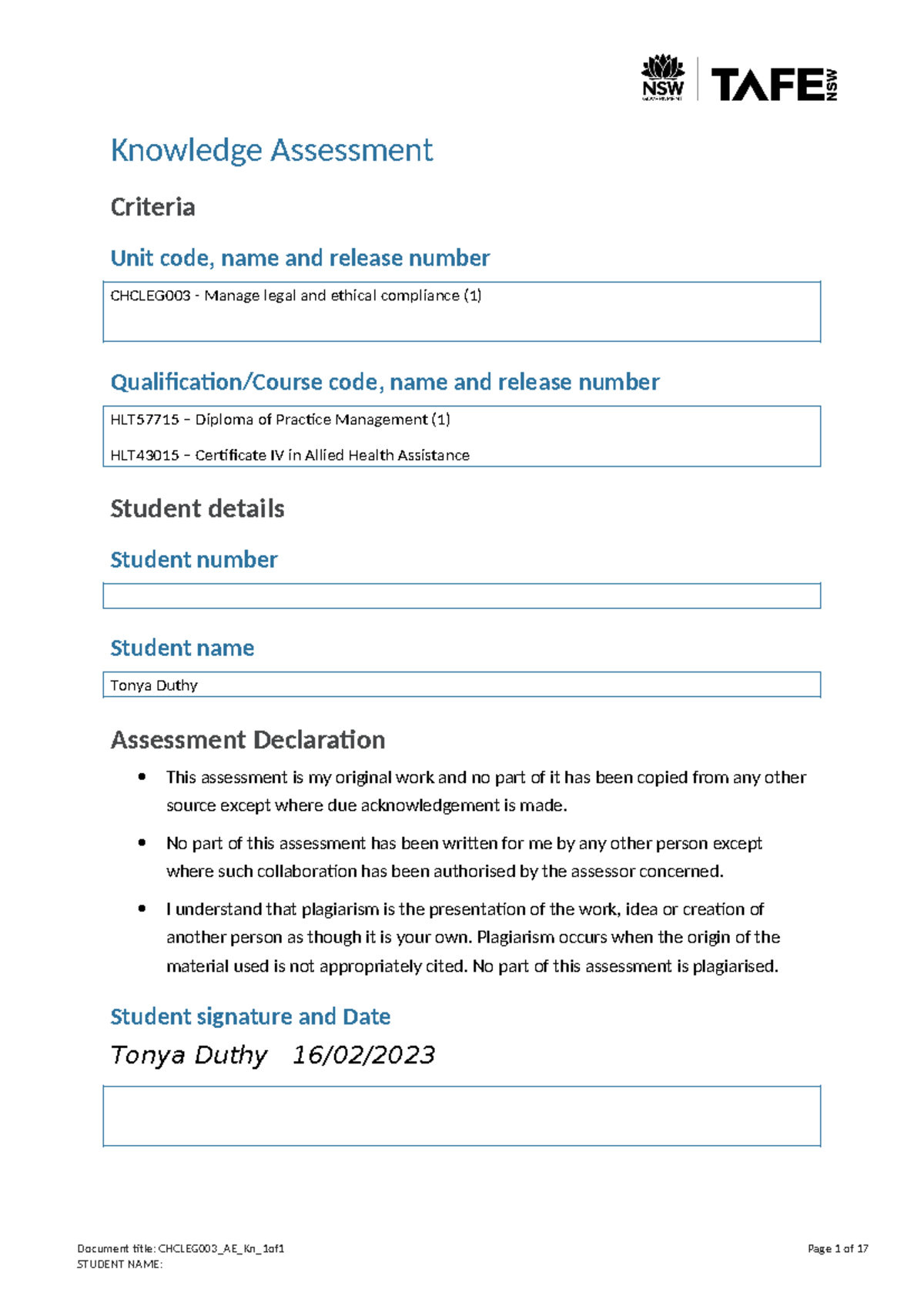 Assessment - Ethical and legal requirements - Knowledge Assessment ...