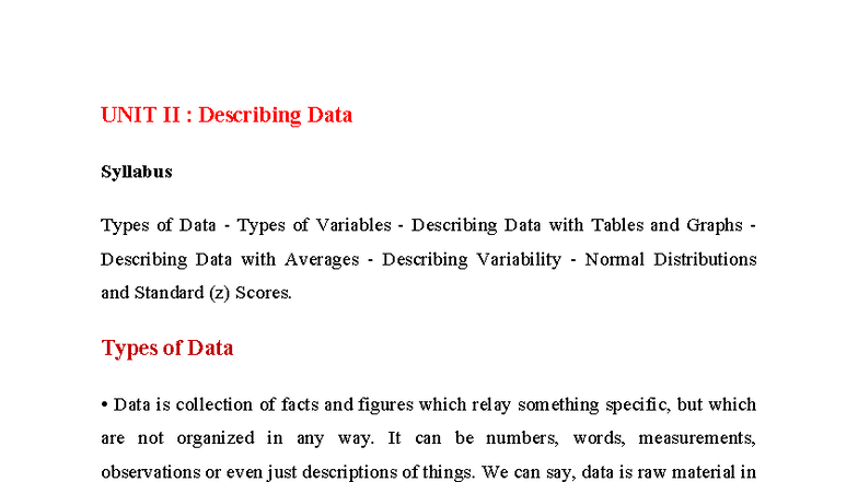 UNIT II: Data Description & Analysis Syllabus (Types, Variables ...