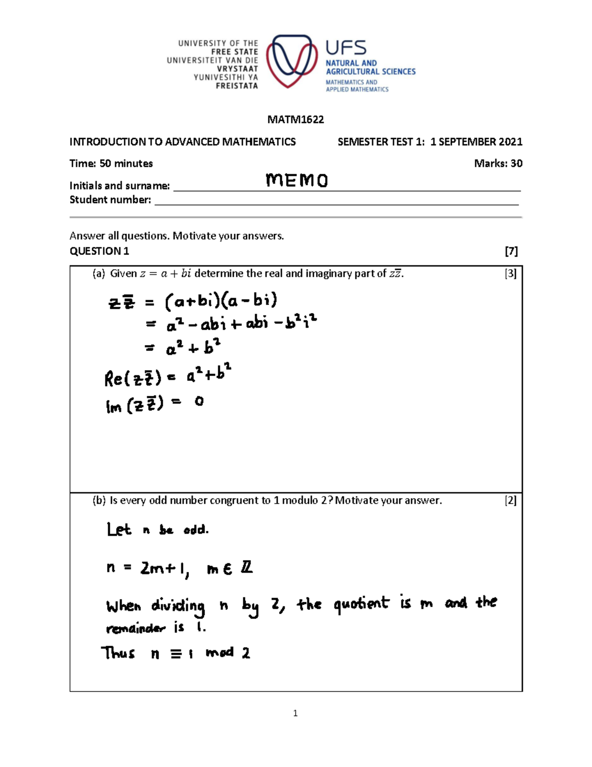 MATM1622 Advanced Mathematics Semester Test 1 Memo - Studocu