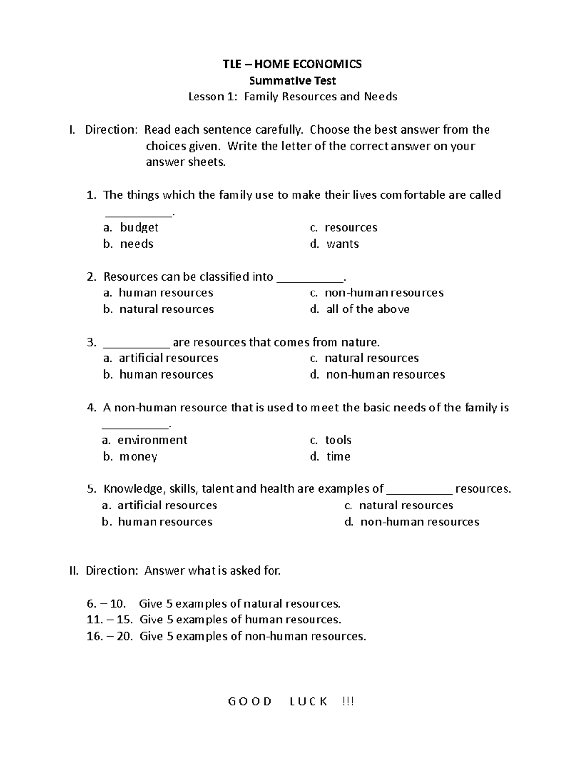 TLE Home Economics Summative Test on Family Resources - Studocu