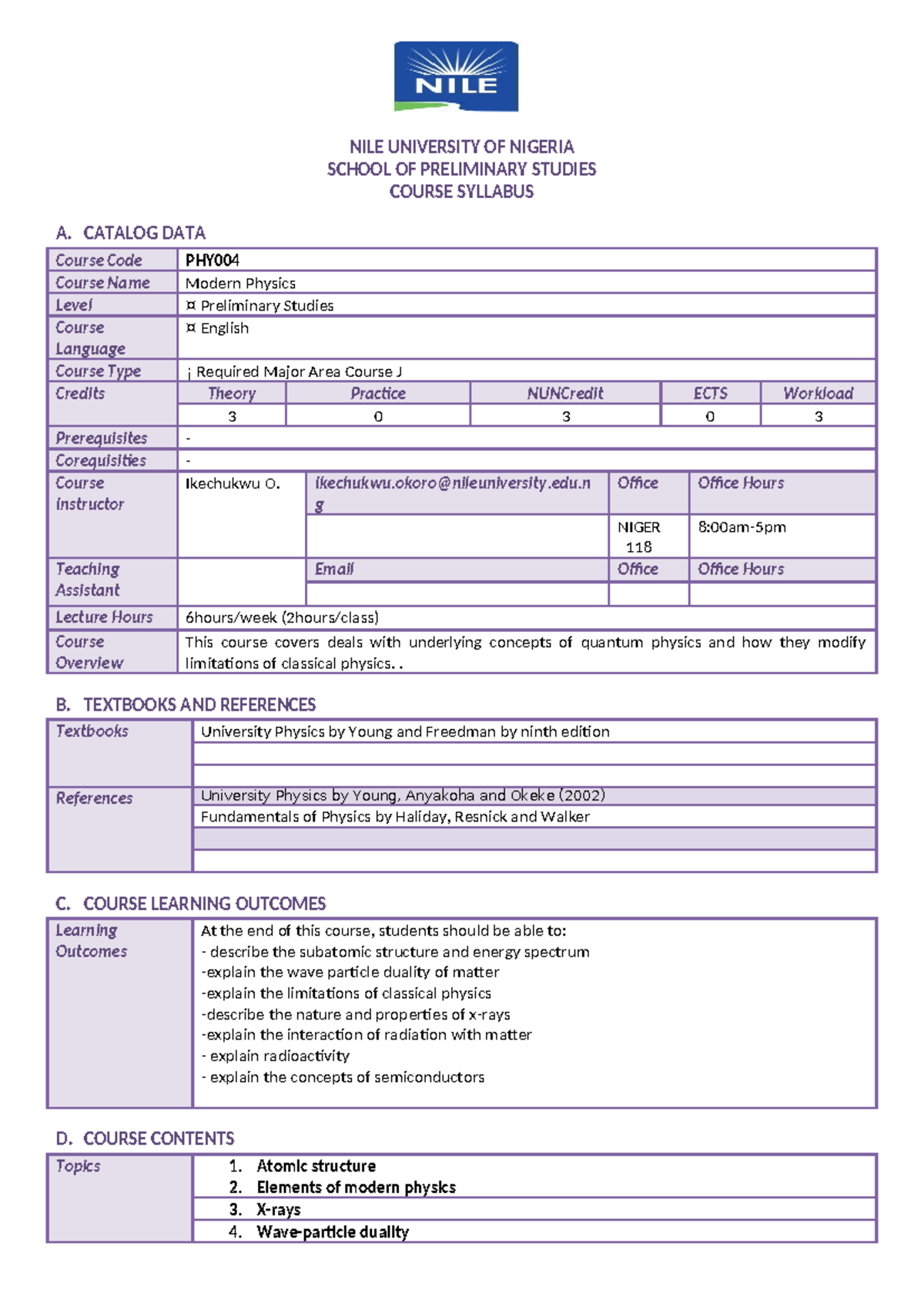 PHY 004 - Modern Physics Course Syllabus and Learning Outcomes - Studocu