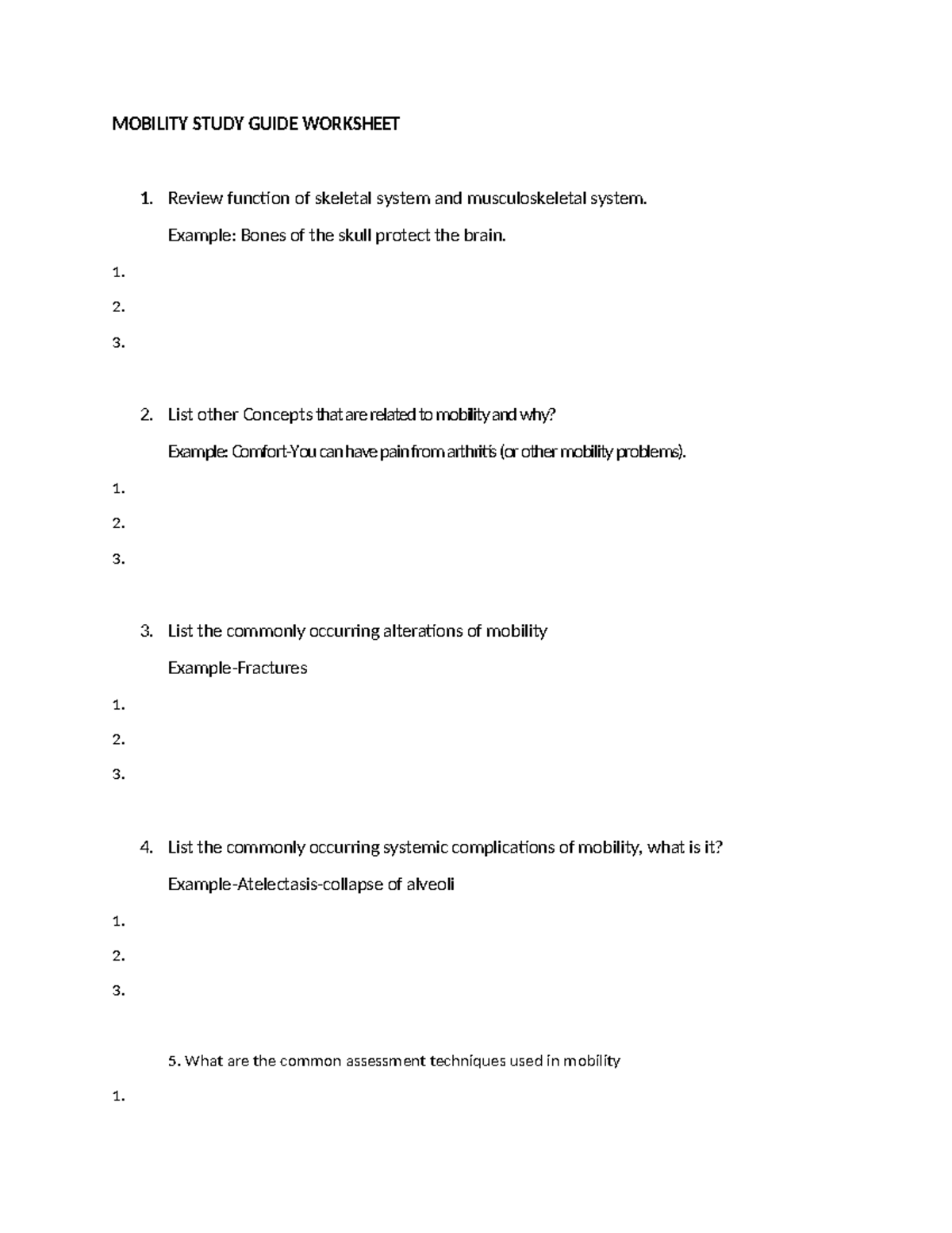 MOBILITY SG WORKSHEET 1: Skeletal & Musculoskeletal Functions - Studocu